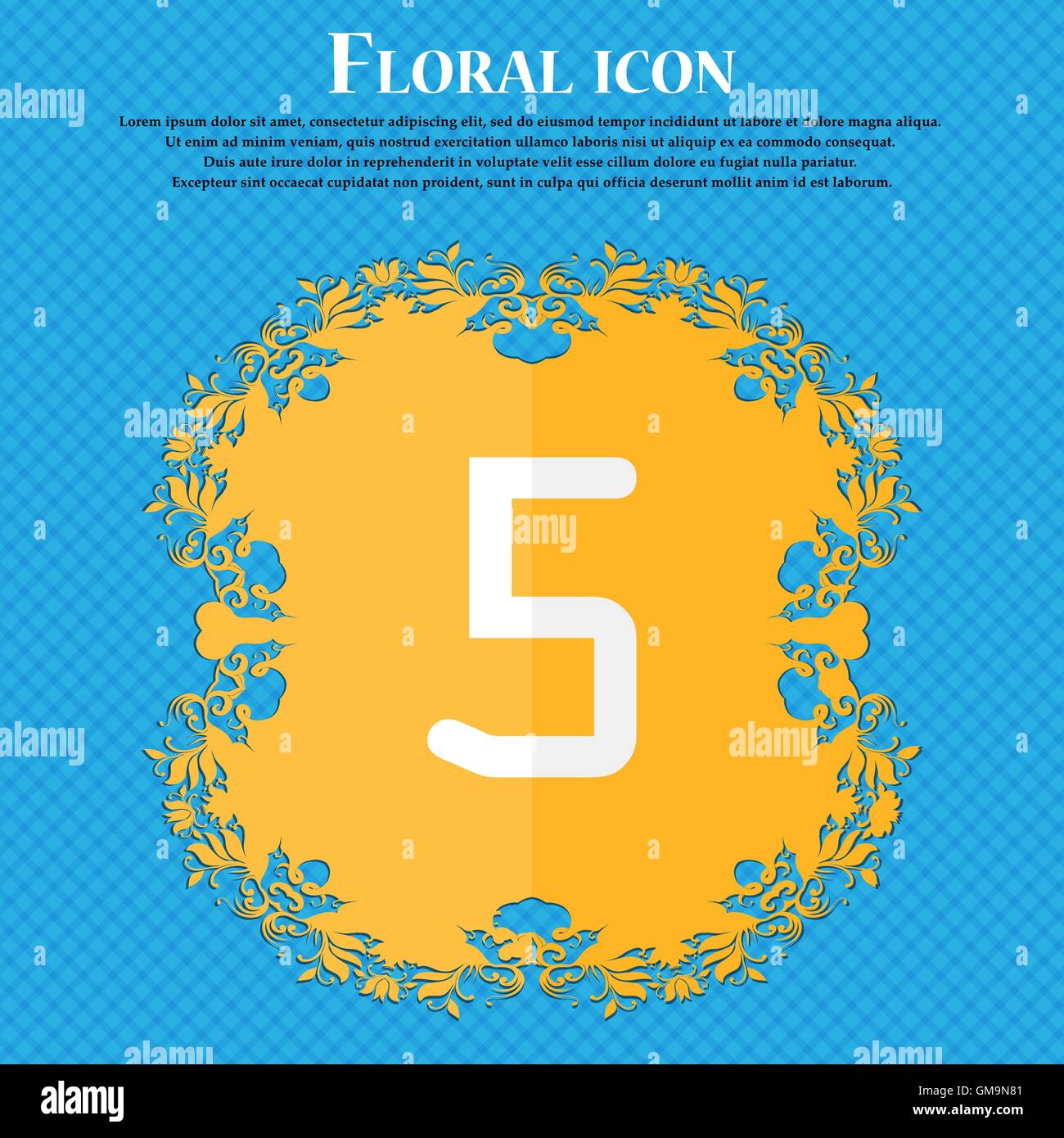 number five icon sign. Floral flat design on a blue abstract background ...