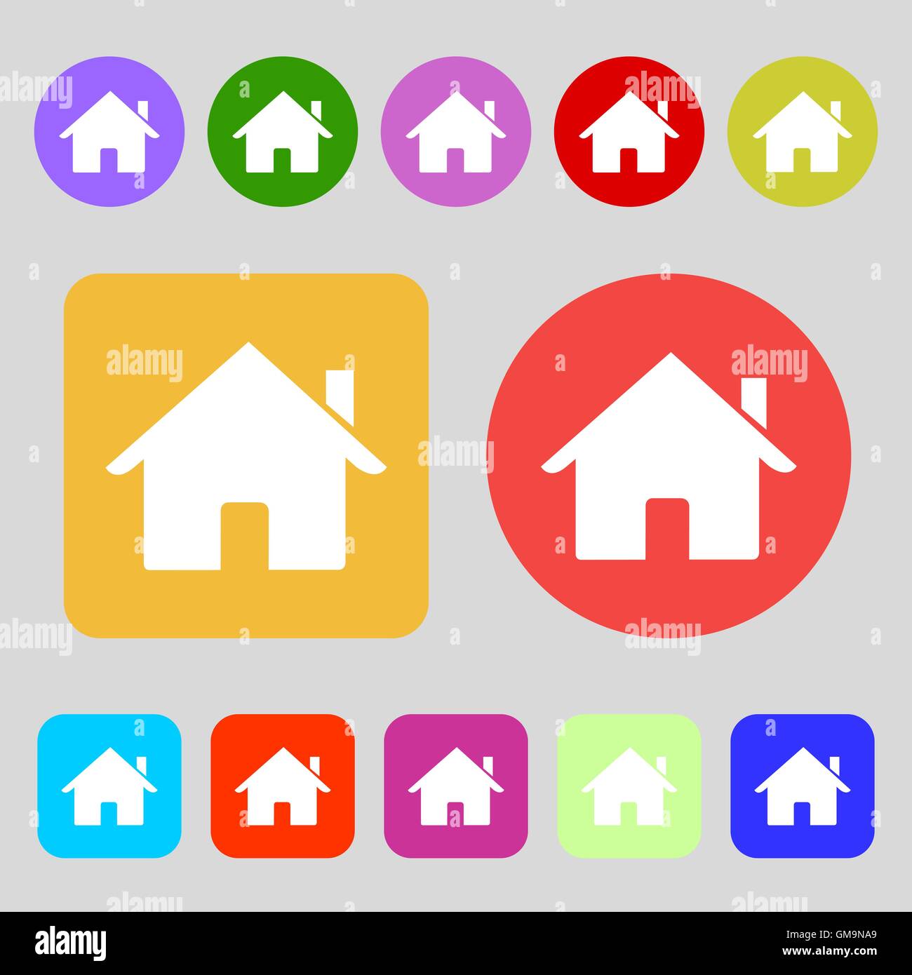 Home sign icon. Main page button. Navigation symbol. 12 colored buttons ...