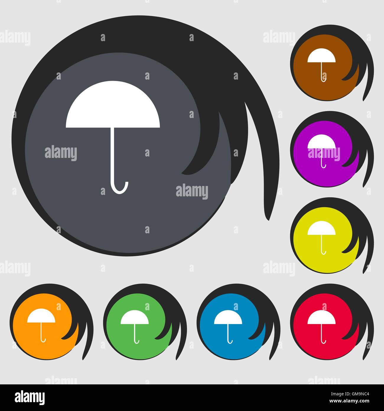 Umbrella sign icon. Rain protection symbol. Symbols on eight colored ...