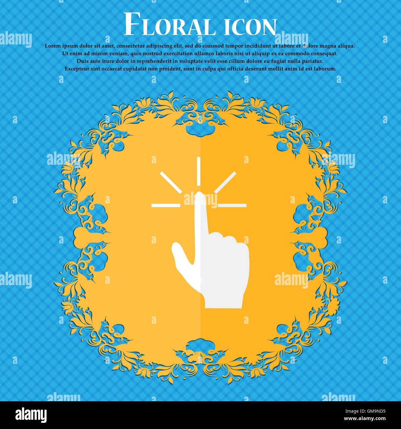 Click here hand icon sign. Floral flat design on a blue abstract ...