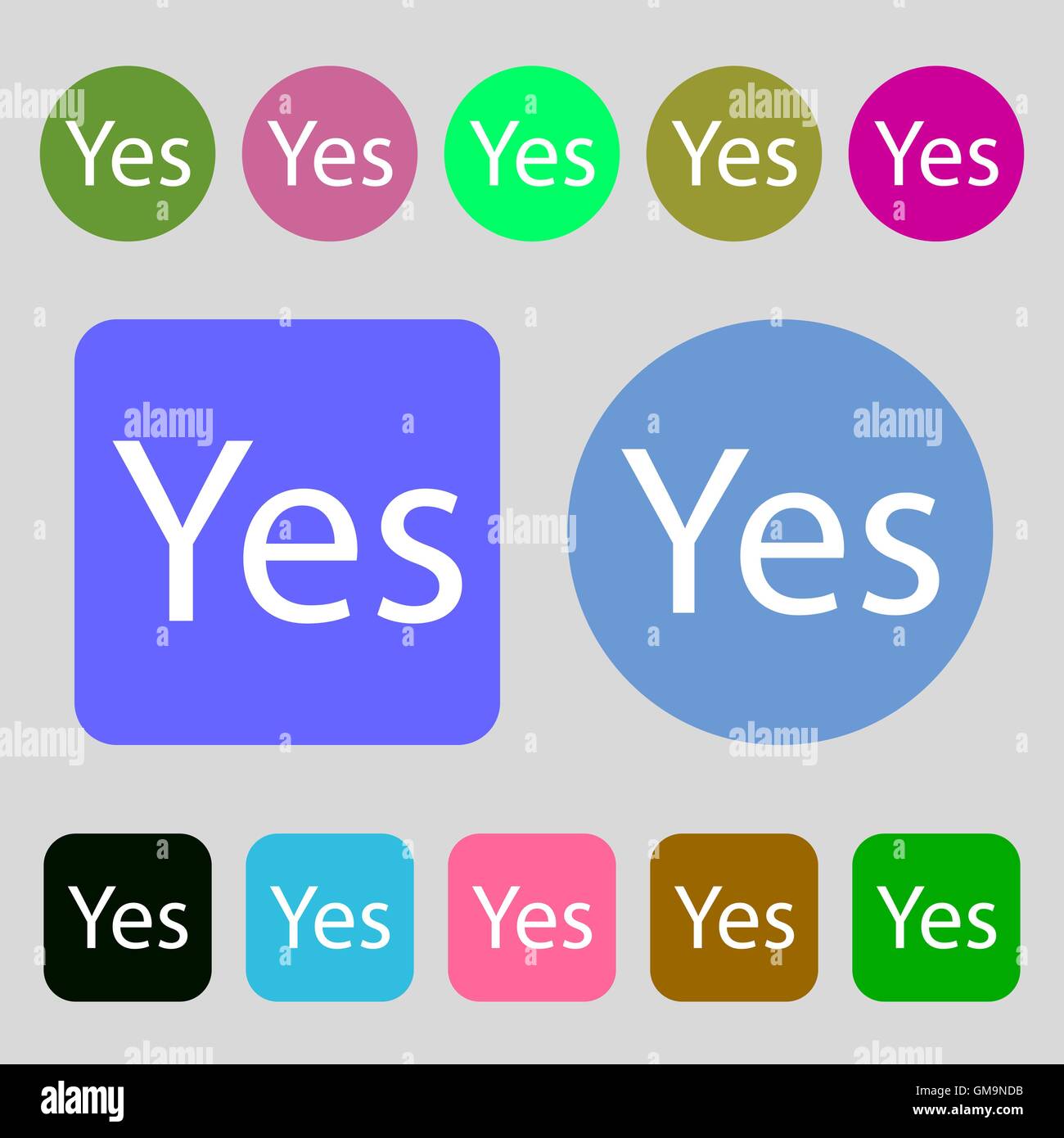 Yes sign icon. Positive check symbol. 12 colored buttons. Flat design ...