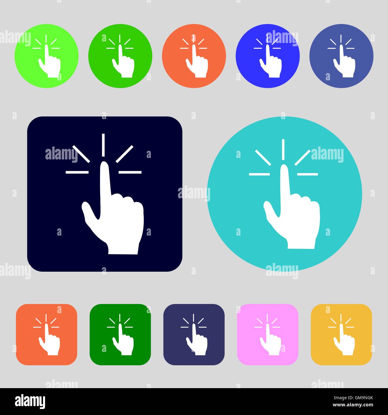 Click here hand icon sign. 12 colored buttons. Flat design. Vector ...
