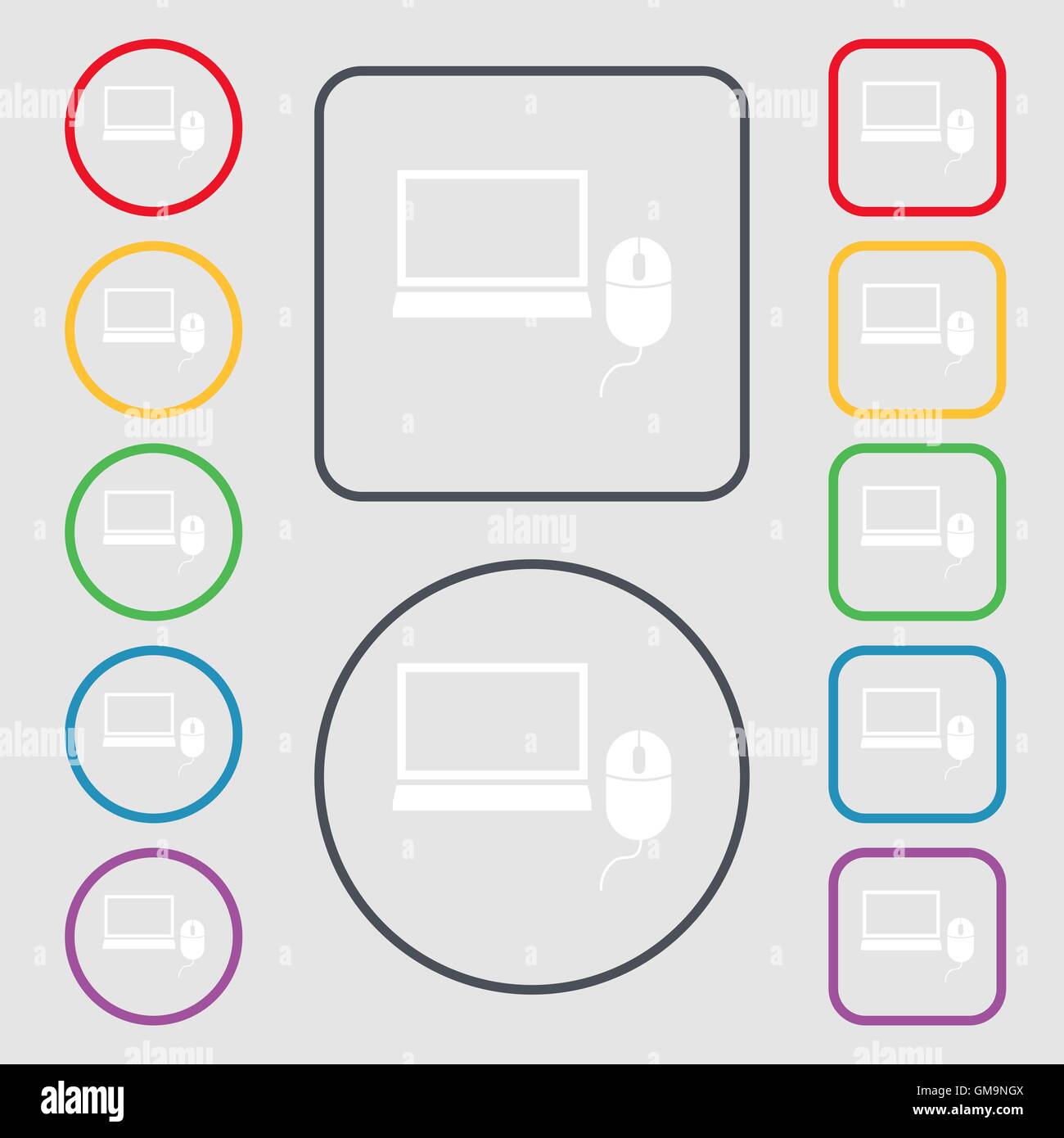 Computer widescreen monitor, mouse sign icon. Symbols on the Round and ...