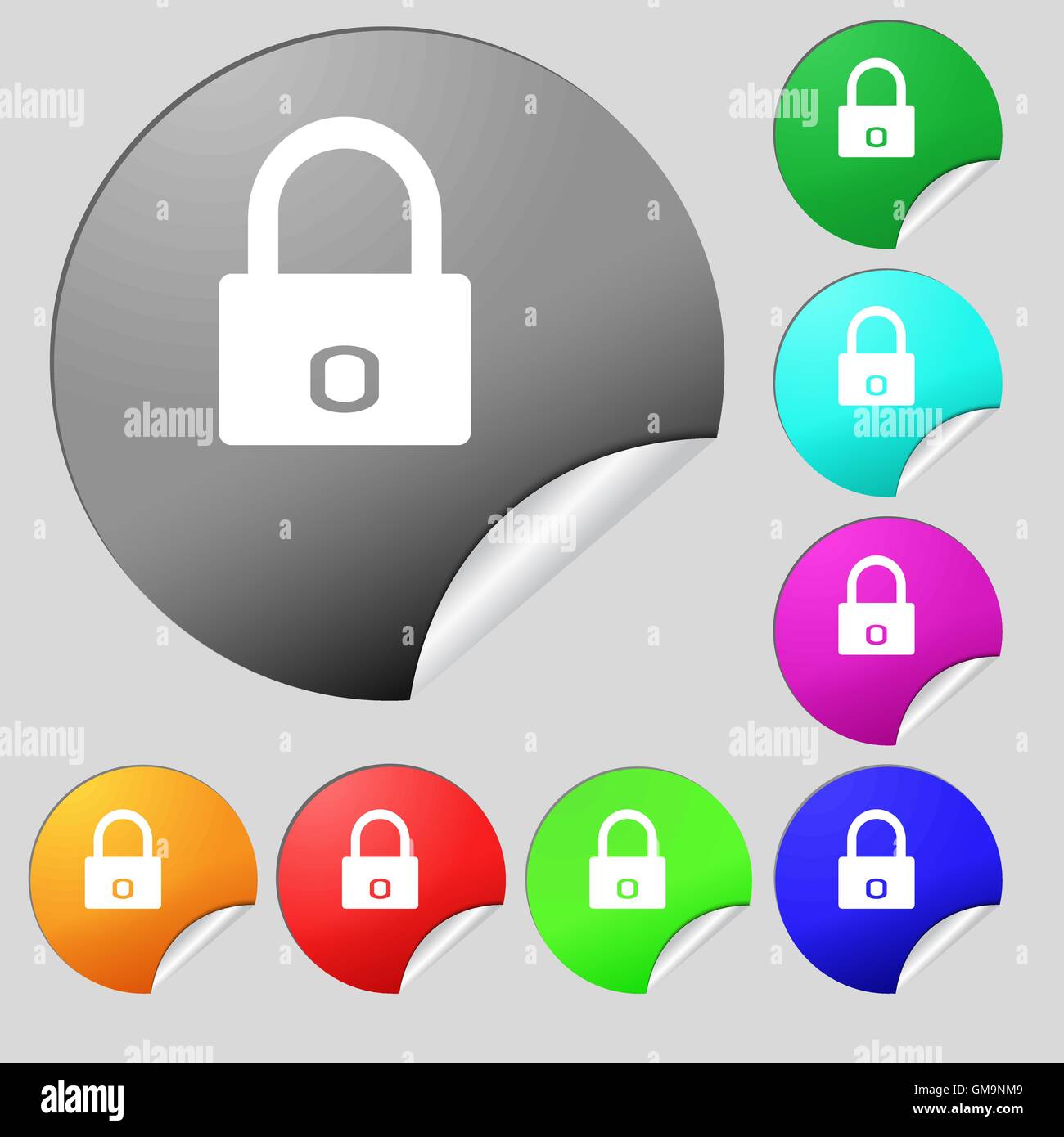 Lock sign icon. Locker symbol. Set of eight multi colored round buttons ...