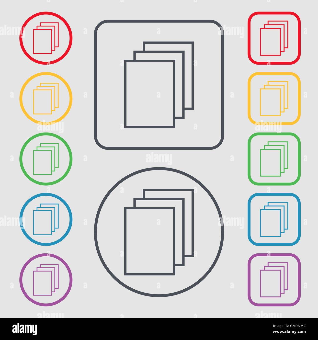 Copy file sign icon. Duplicate document symbol. Symbols on the Round and square buttons with ...