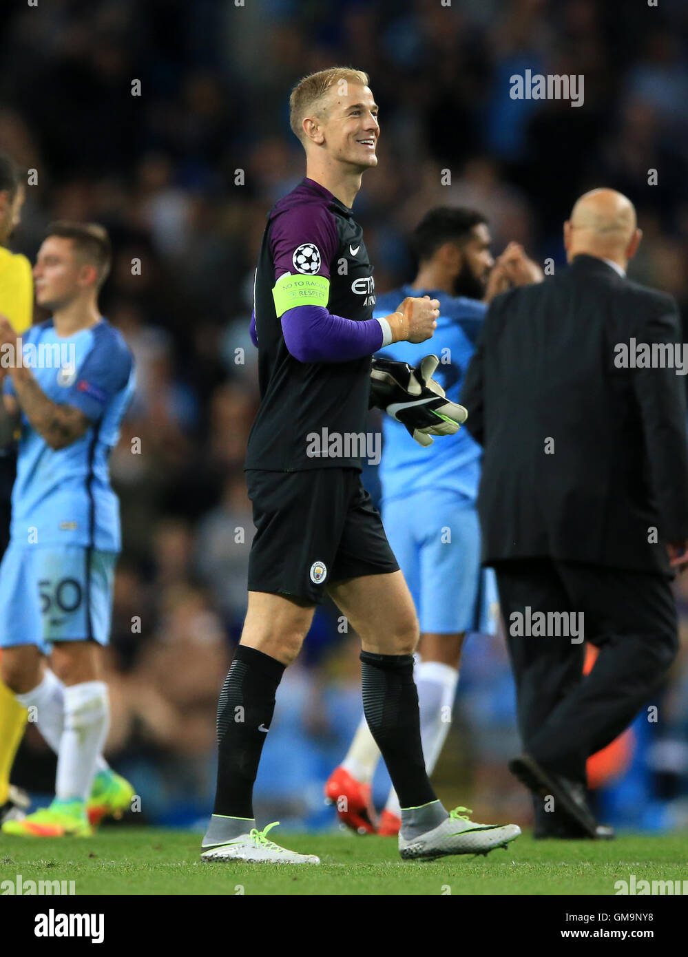 Manchester City goalkeeper Joe Hart salutes the fans after the UEFA ...