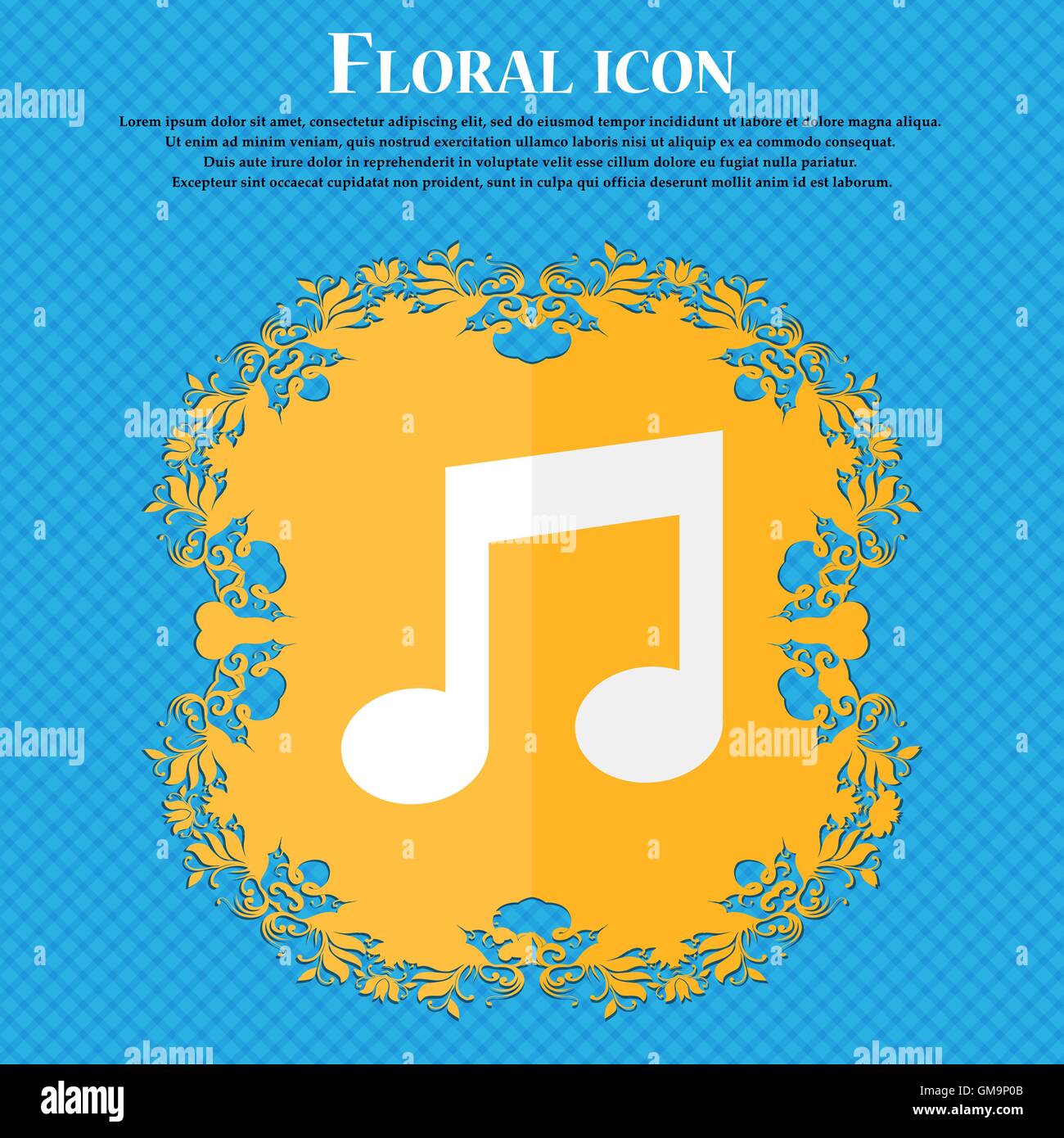 Music note sign icon. Musical symbol. Floral flat design on a blue ...