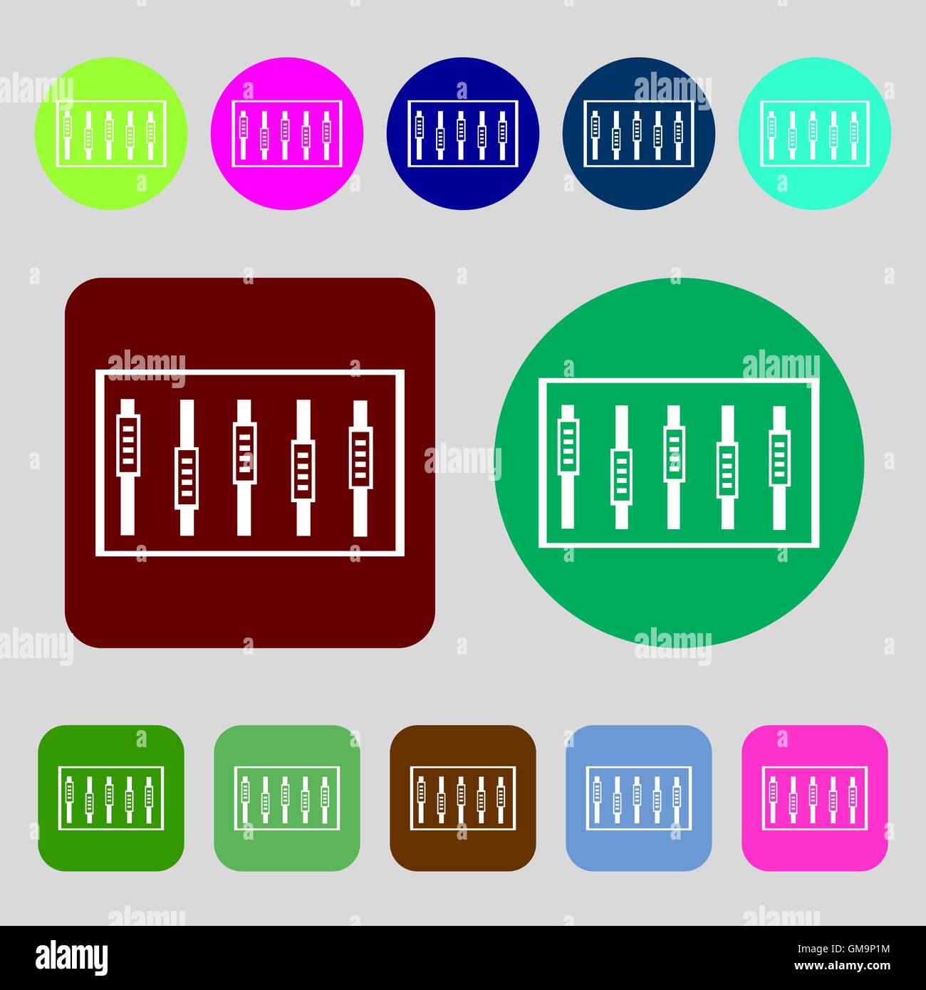 Dj console mix handles and buttons, level icons. 12 colored buttons ...