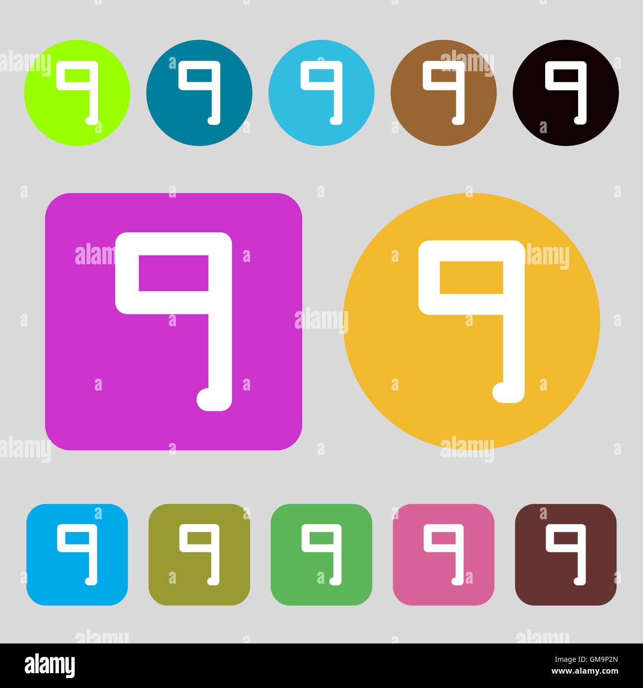 number Nine icon sign. 12 colored buttons. Flat design. Vector Stock ...