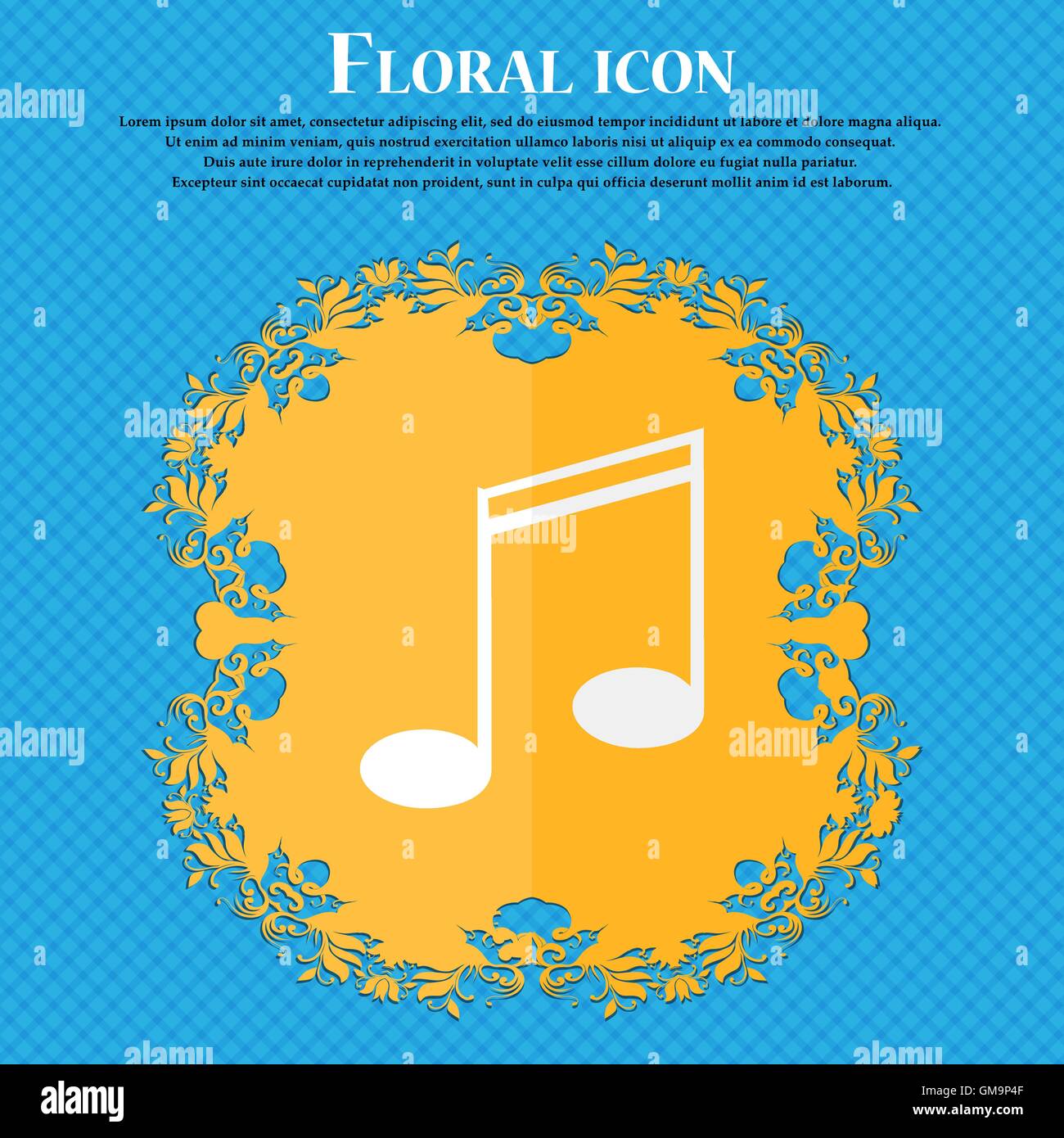 Music note sign icon. Musical symbol. Floral flat design on a blue ...