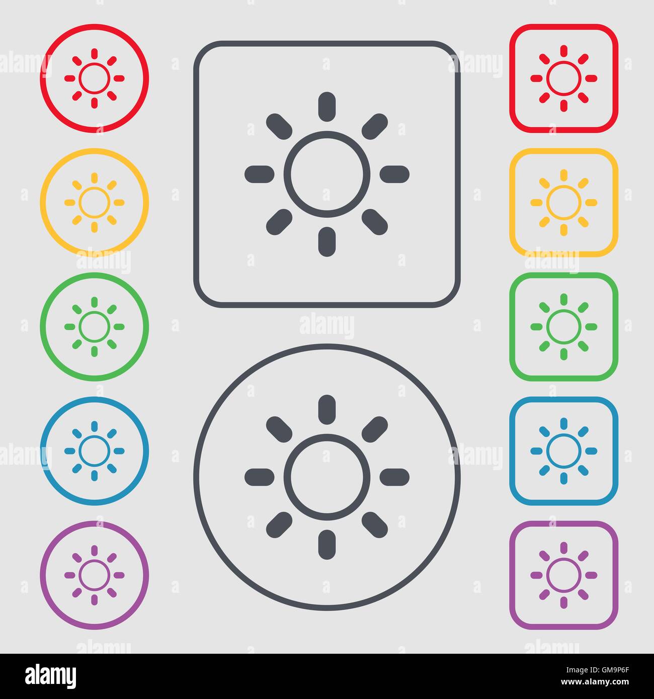 Brightness icon sign. Symbols on the Round and square buttons with ...