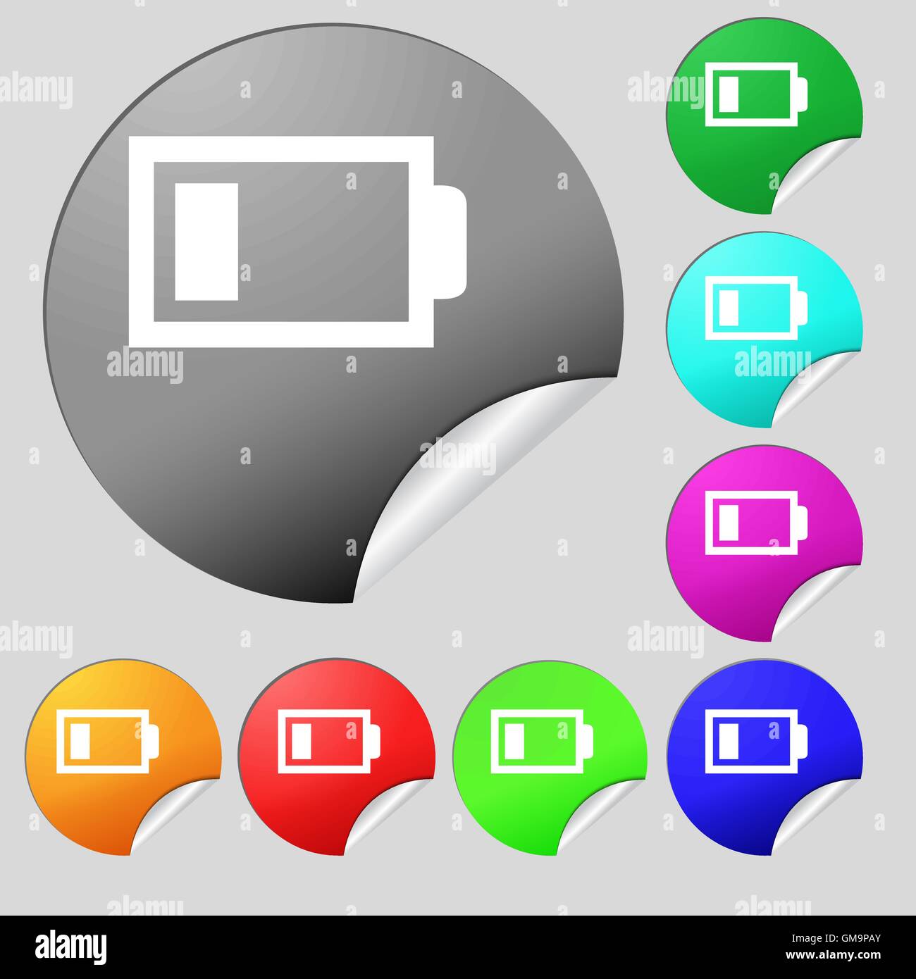 Battery low level sign icon. Electricity symbol. Set of eight multi ...