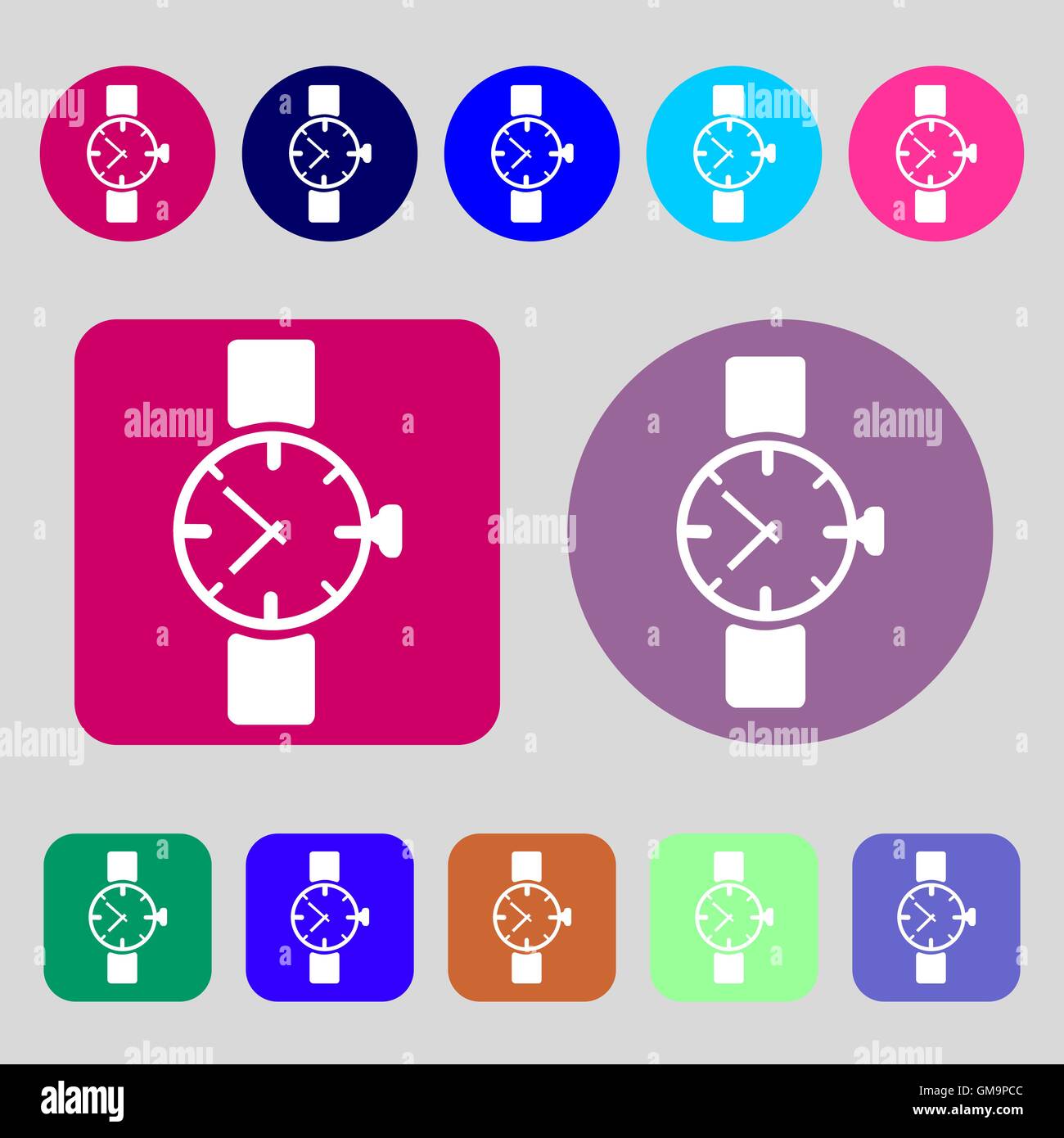 watches icon symbol . 12 colored buttons. Flat design. Vector Stock ...