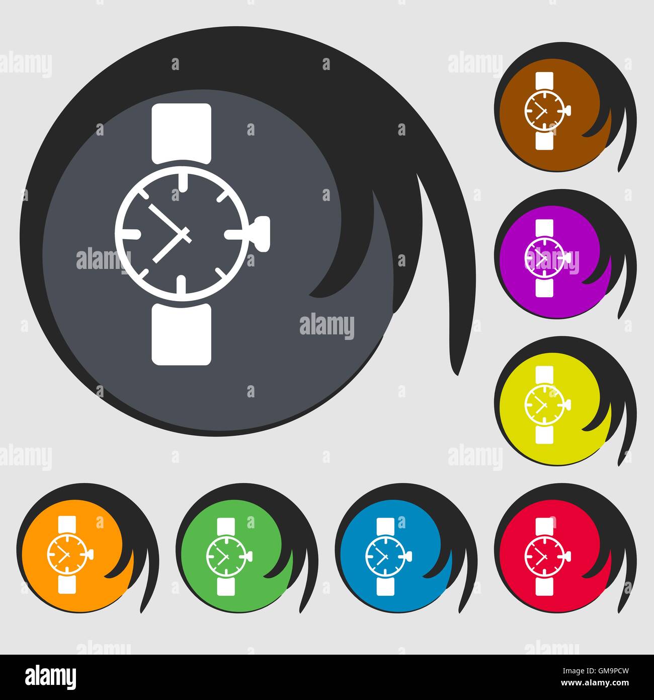 watches icon symbol . Symbols on eight colored buttons. Vector Stock ...