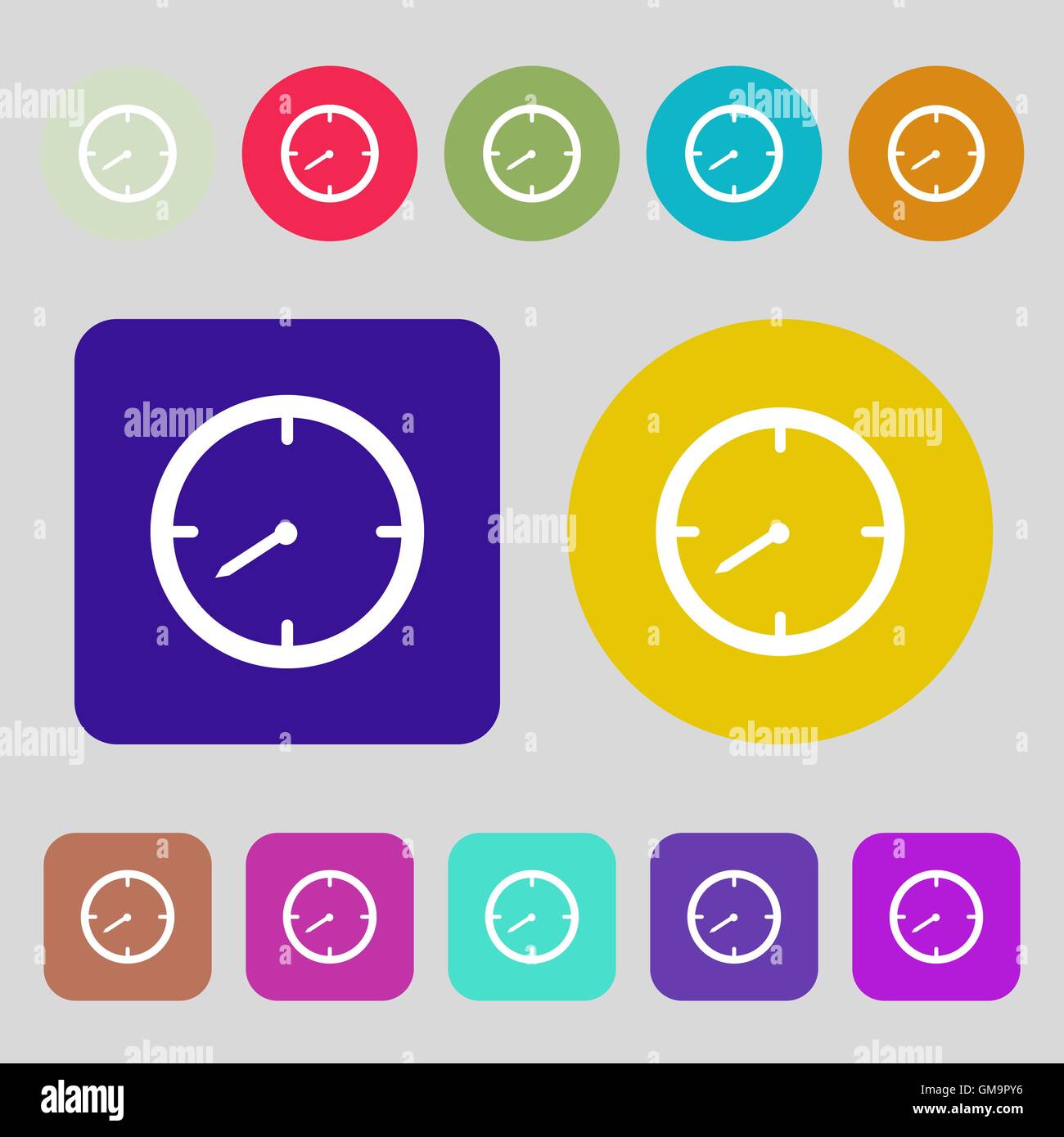 Timer sign icon. Stopwatch symbol. 12 colored buttons. Flat design ...