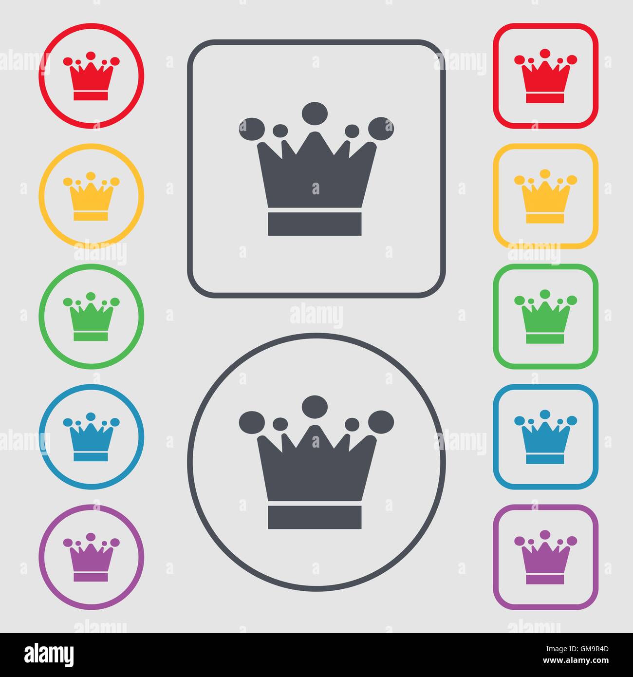 Crown icon sign. Symbols on the Round and square buttons with frame ...