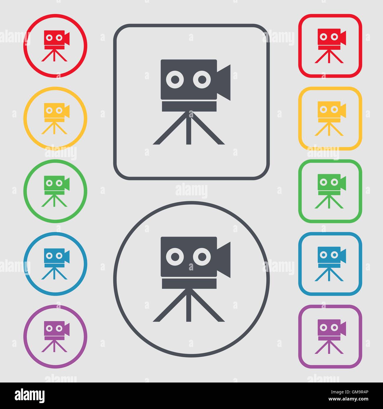 Video camera sign icon.content button. Symbols on the Round and square ...