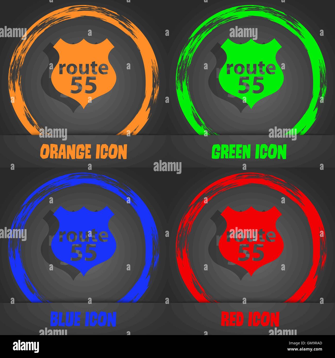 Route 55 highway icon sign. Fashionable modern style. In the orange ...