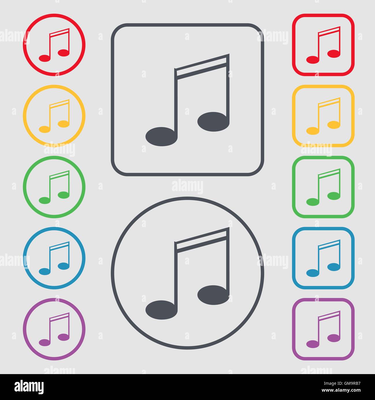 Music note sign icon. Musical symbol. Symbols on the Round and square ...