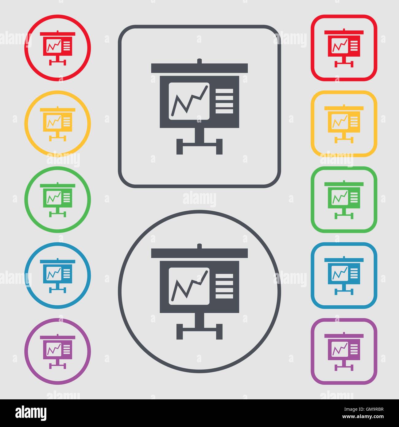 Graph icon sign. Symbols on the Round and square buttons with frame ...