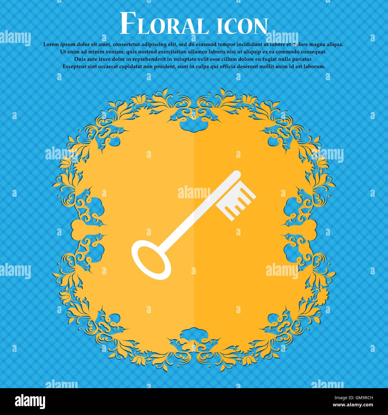 Key icon sign. Floral flat design on a blue abstract background with ...
