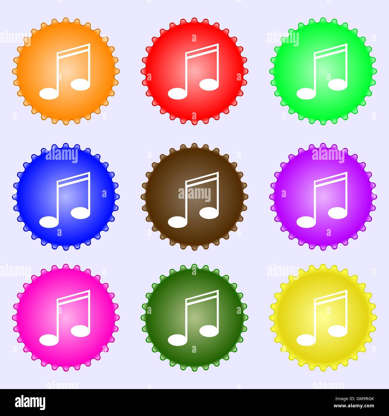 Music note sign icon. Musical symbol. A set of nine different colored ...