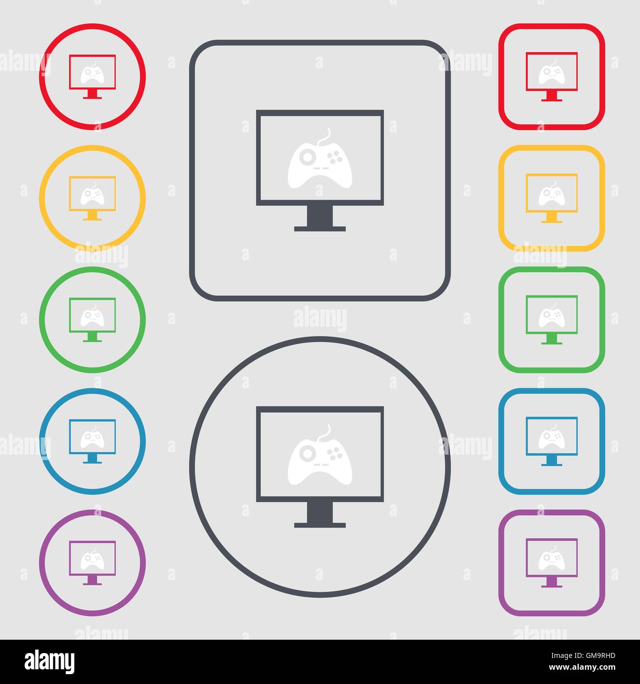 Joystick and monitor sign icon. Video game symbol. Symbols on the Round ...
