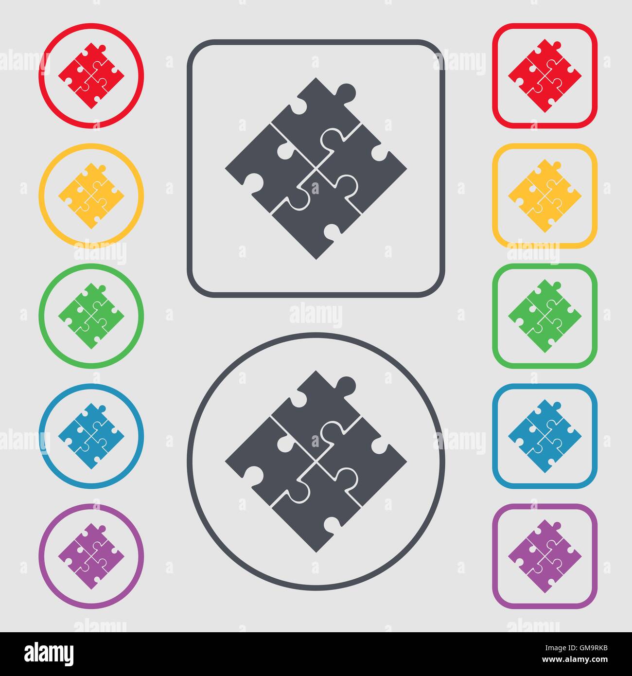 Puzzle piece icon sign. Symbols on the Round and square buttons with ...