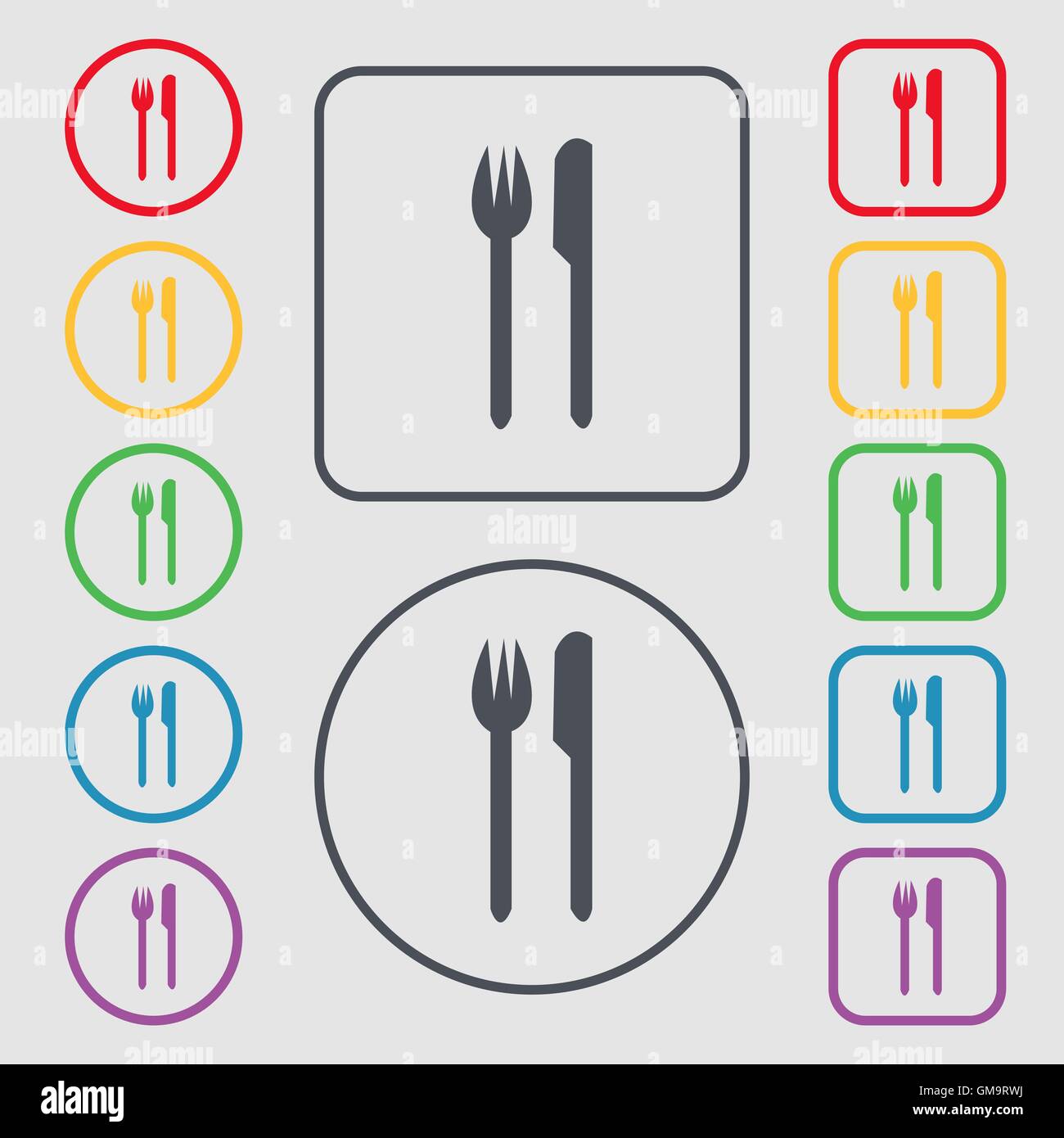 Eat sign icon. Cutlery symbol. Fork and knife. Symbols on the Round and ...