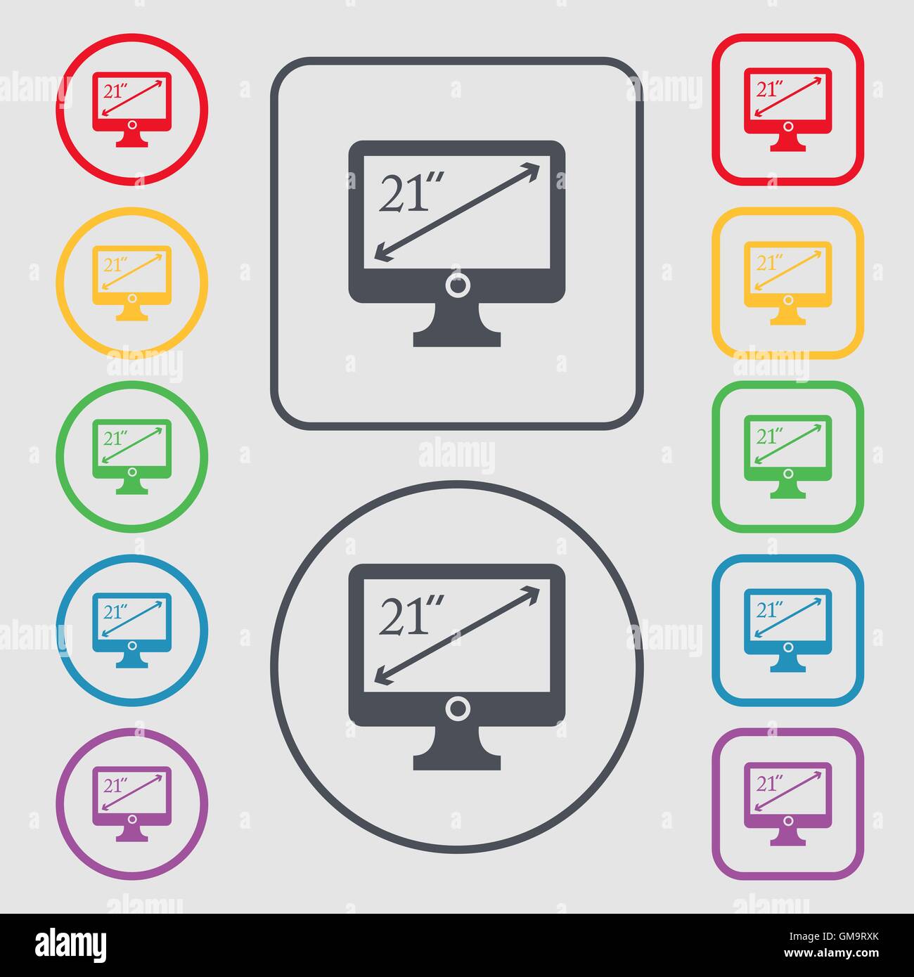 diagonal of the monitor 21 inches icon sign. Symbols on the Round and ...
