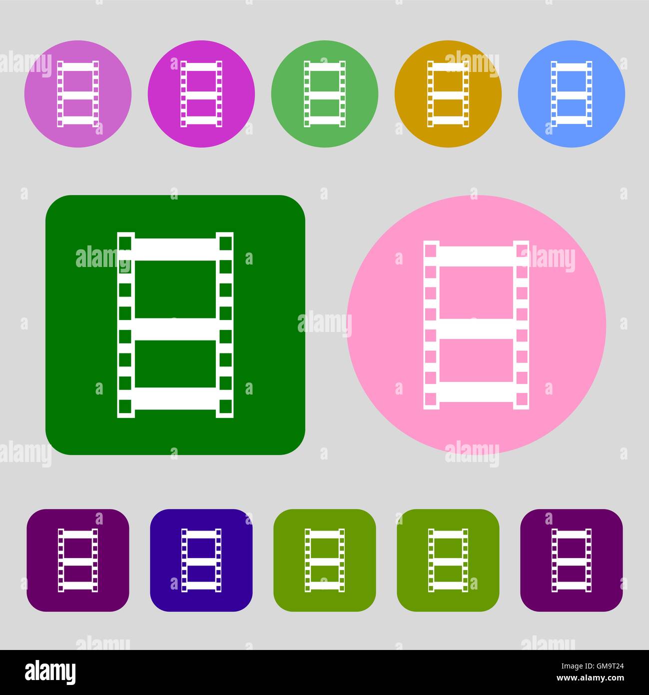 Video sign icon. frame symbol. 12 colored buttons. Flat design. Vector ...