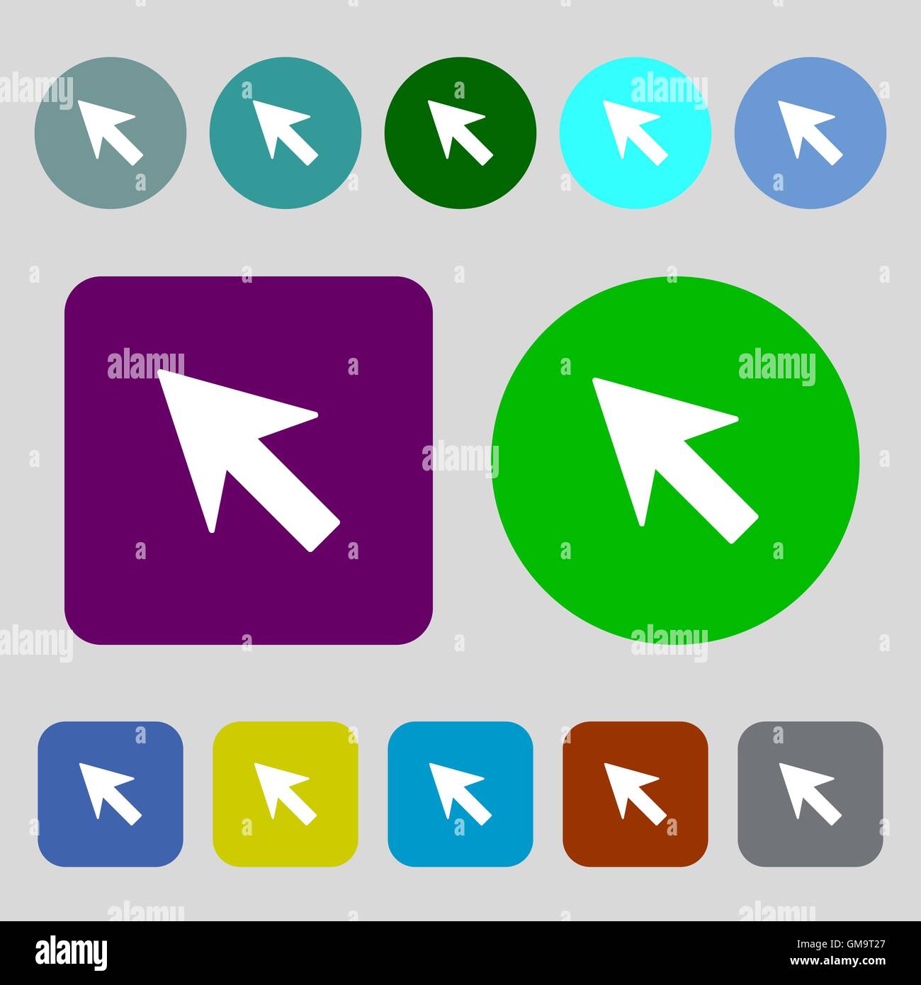 Cursor, arrow icon sign. 12 colored buttons. Flat design. Vector Stock ... Cursor, arrow icon sign. 12 colored buttons. Flat design. Vector Stock ...