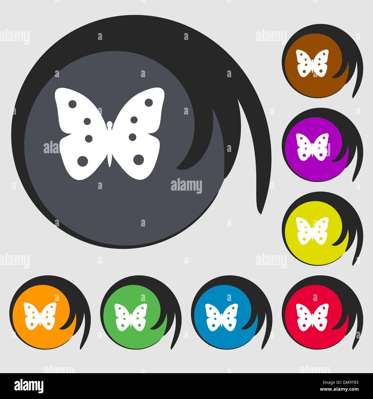 Butterfly sign icon. insect symbol. Symbols on eight colored buttons ...