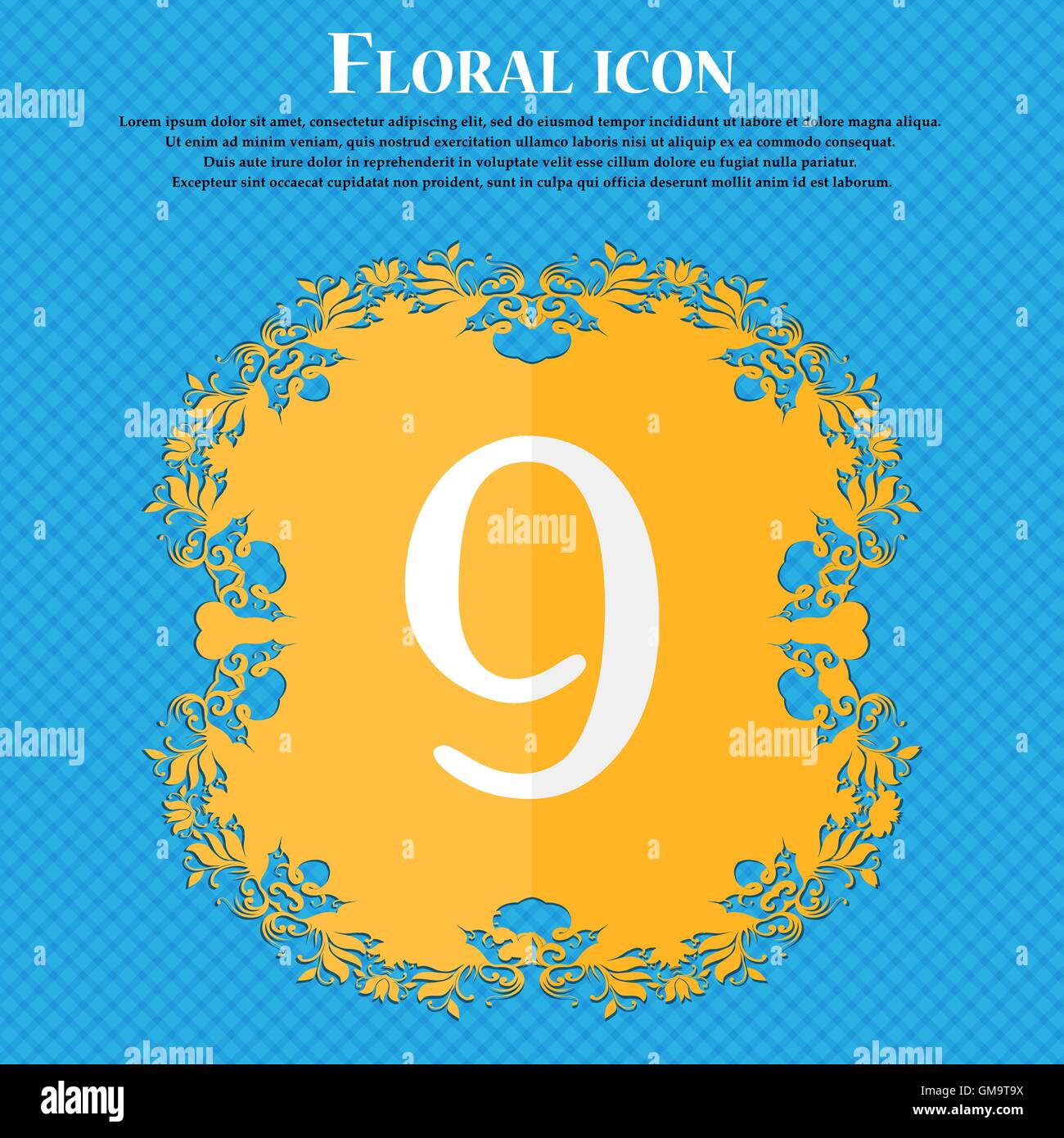 number Nine icon sign. Floral flat design on a blue abstract background ...