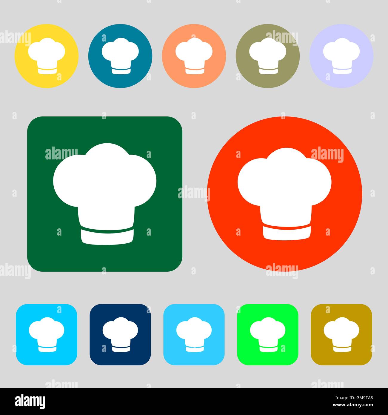 Chef hat sign icon. Cooking symbol. Cooks hat. 12 colored buttons. Flat ...