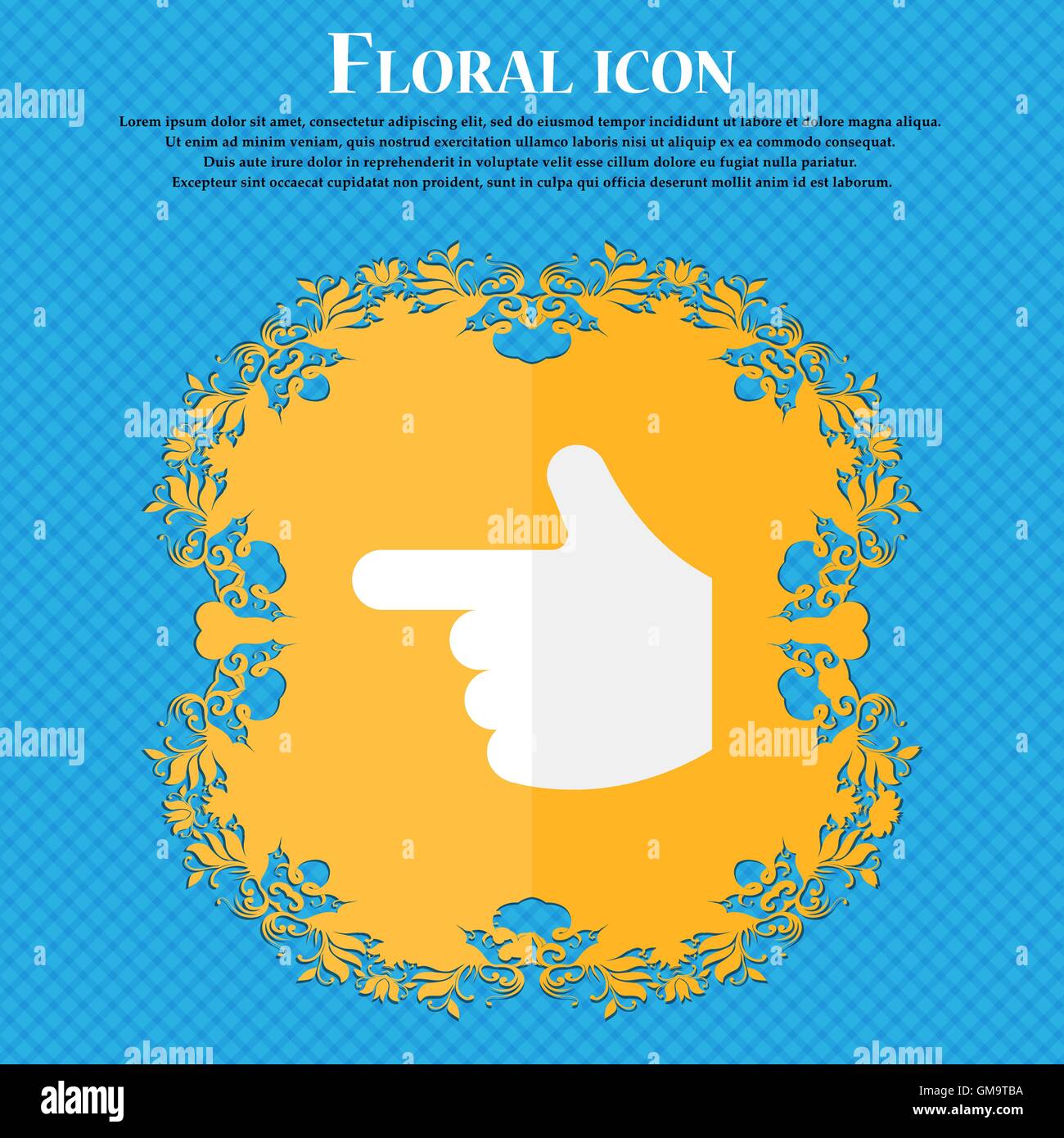 pointing hand . Floral flat design on a blue abstract background with ...