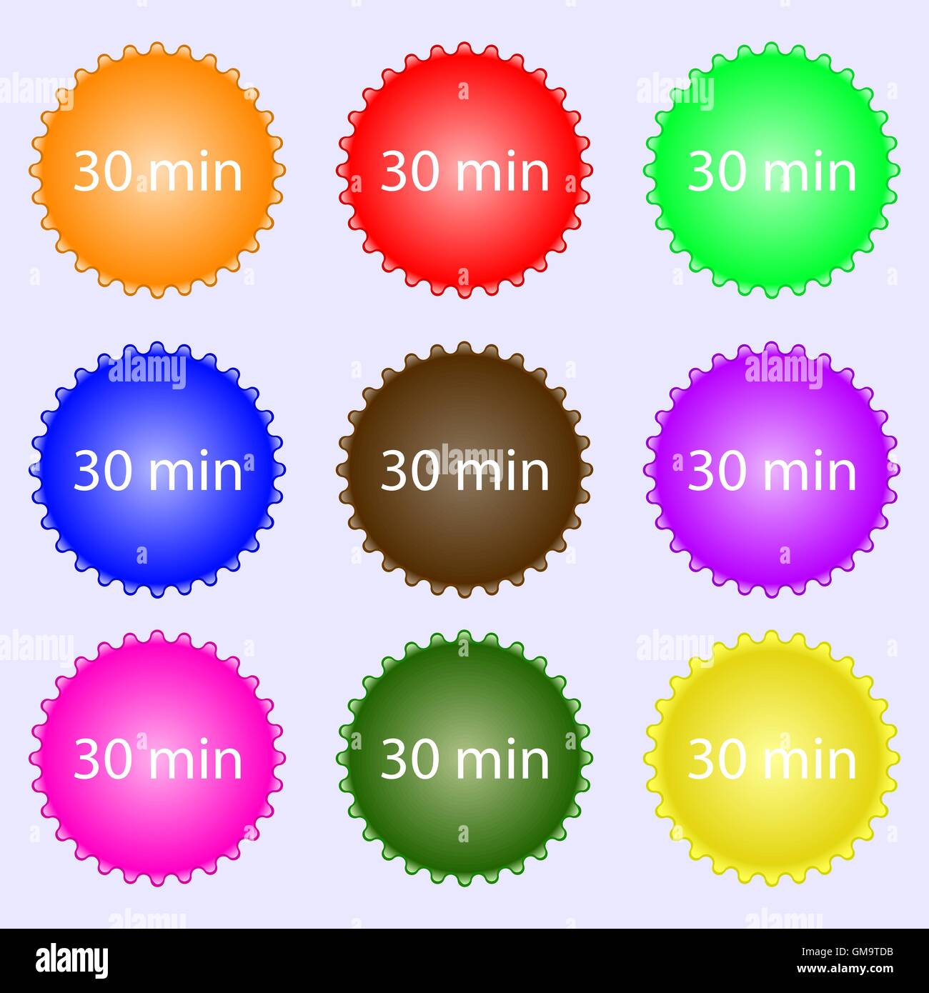 thirty minutes sign icon. A set of nine different colored labels ...