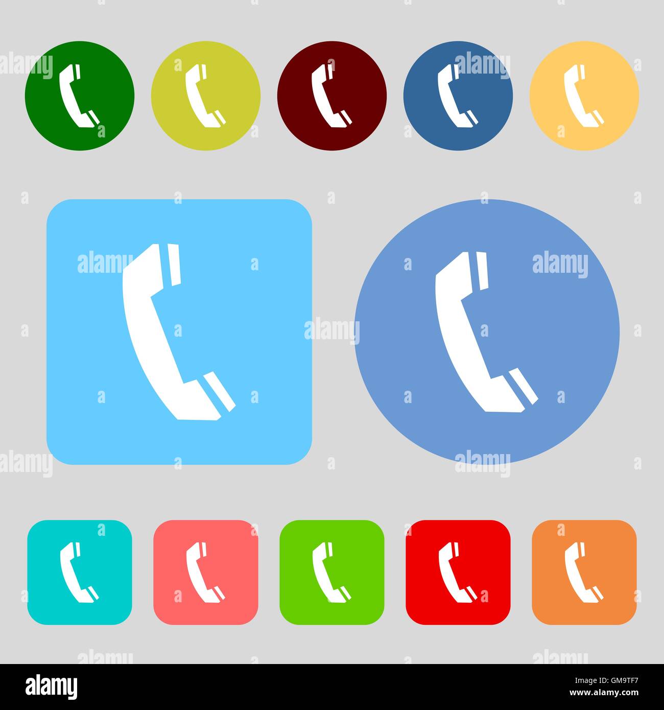 Phone sign icon. Support symbol. Call center. 12 colored buttons. Flat ...