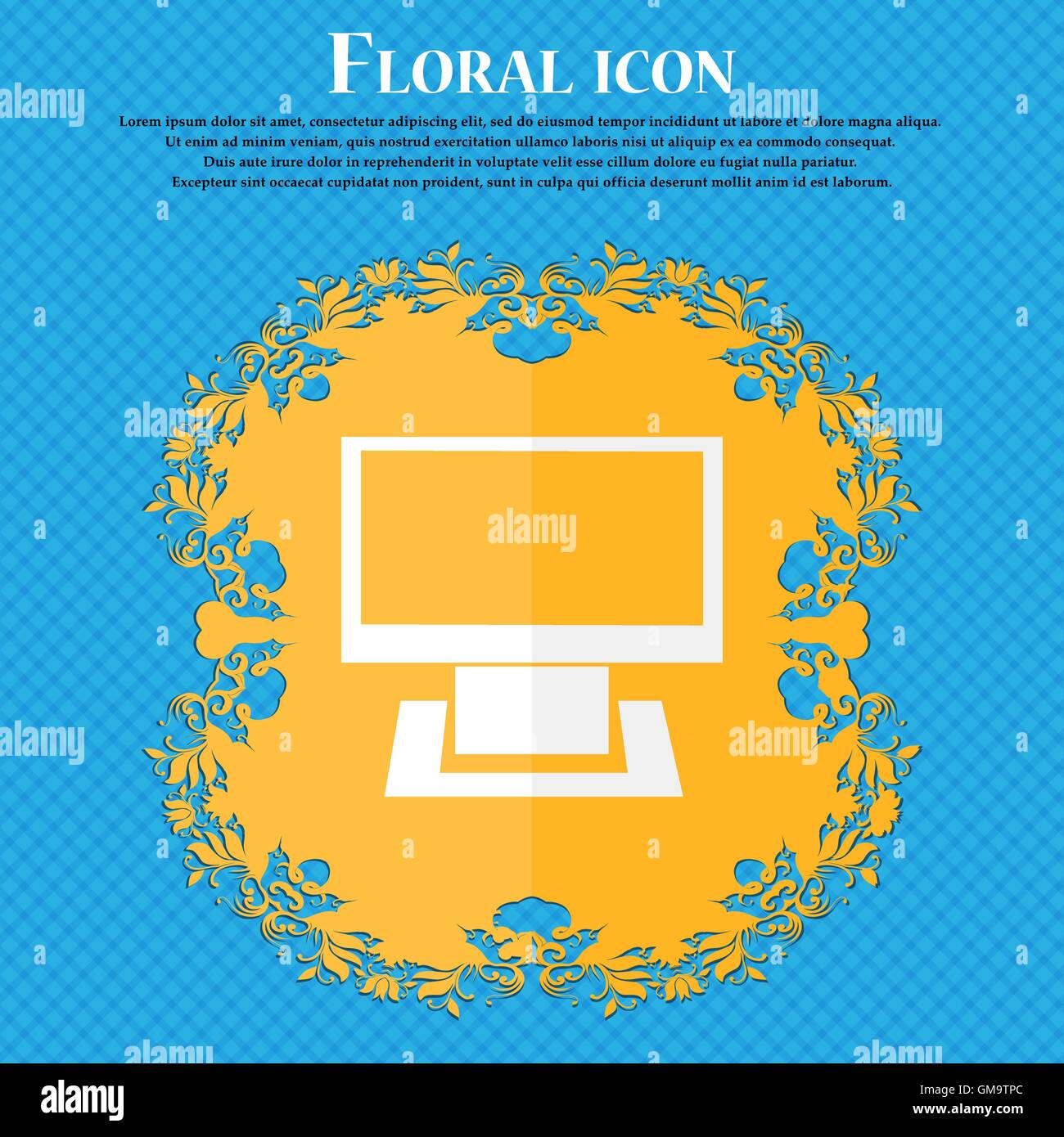 Computer widescreen monitor sign icon. Floral flat design on a blue ...