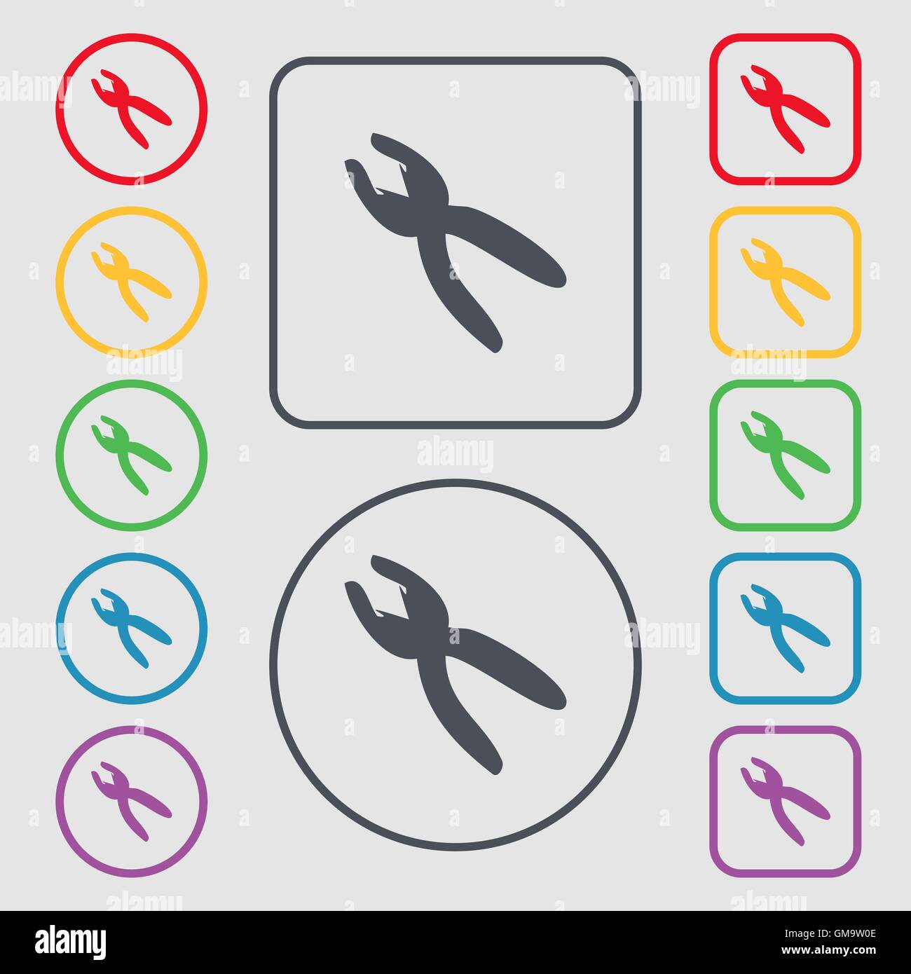 pliers icon sign. Symbols on the Round and square buttons with frame ...