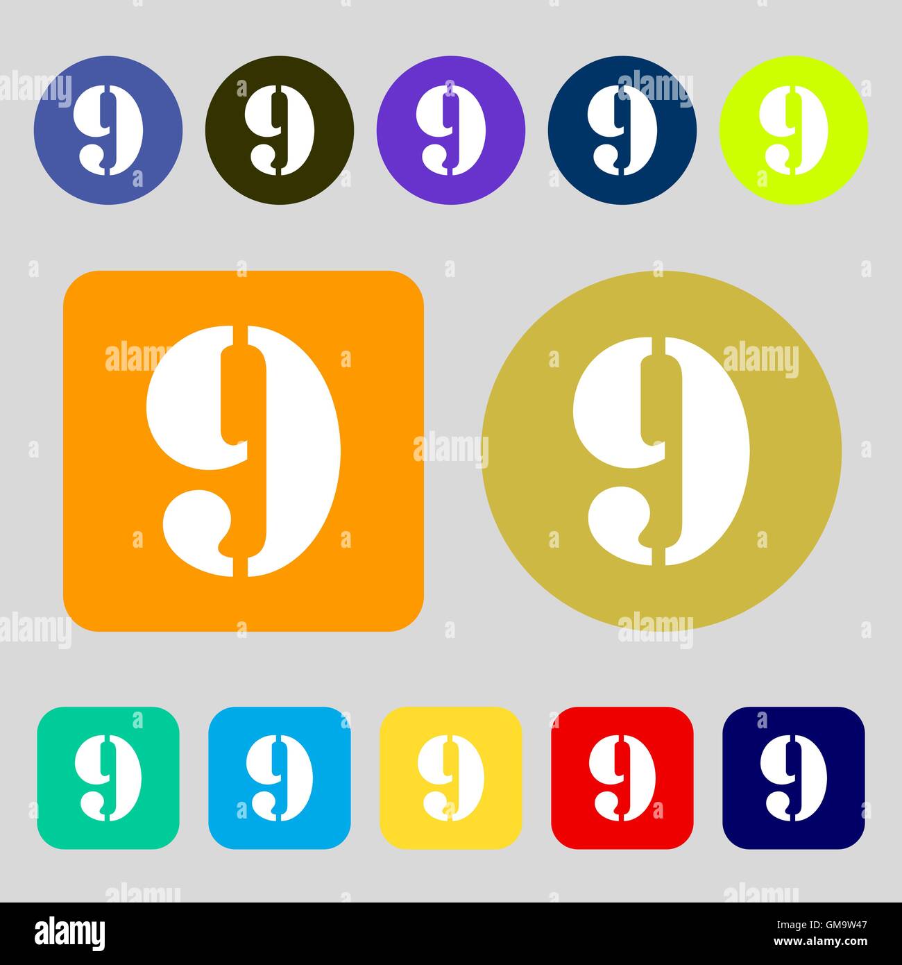 number Nine icon sign. 12 colored buttons. Flat design. Vector Stock ...
