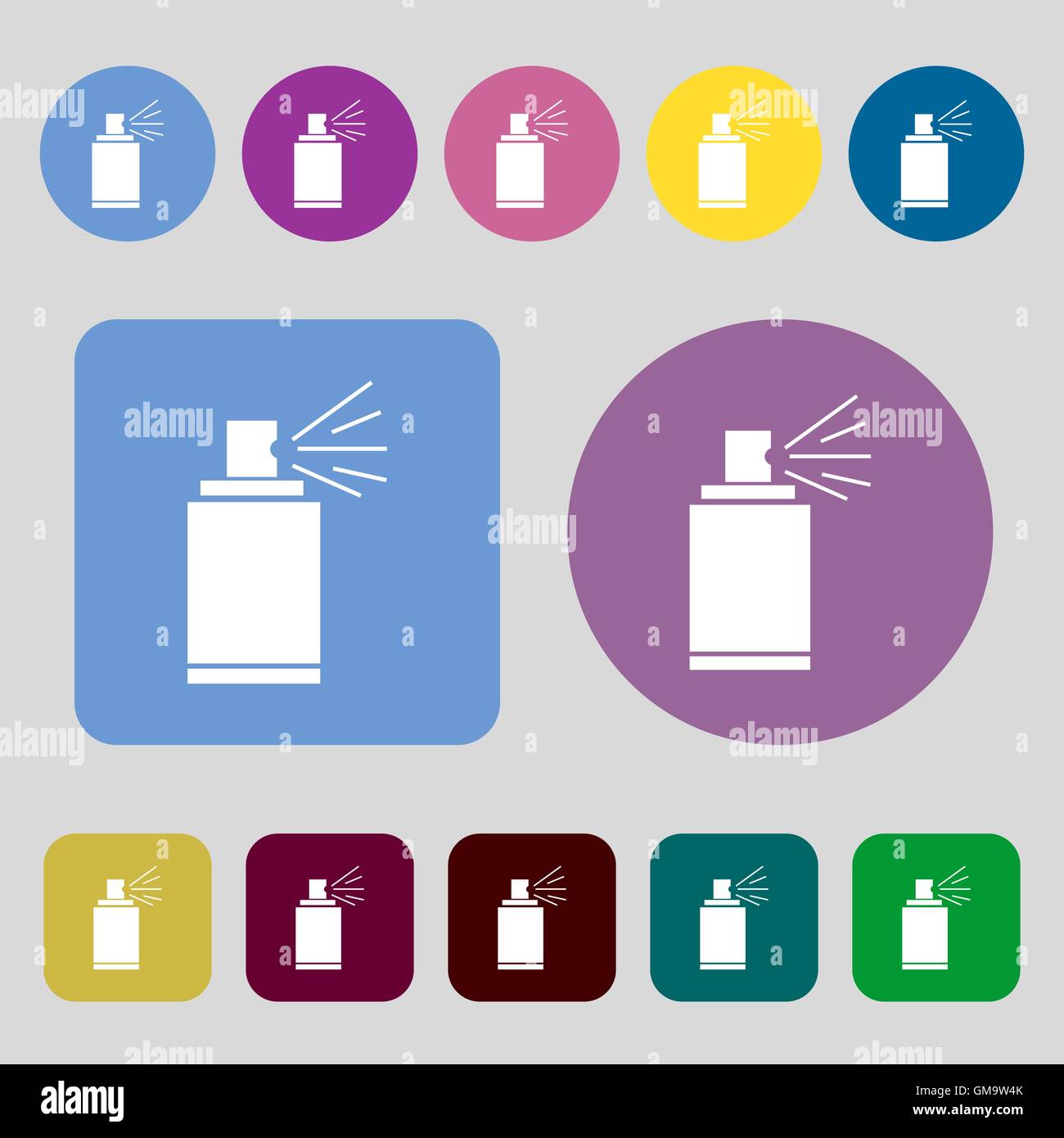 Graffiti spray can sign icon. Aerosol paint symbol. 12 colored buttons ...