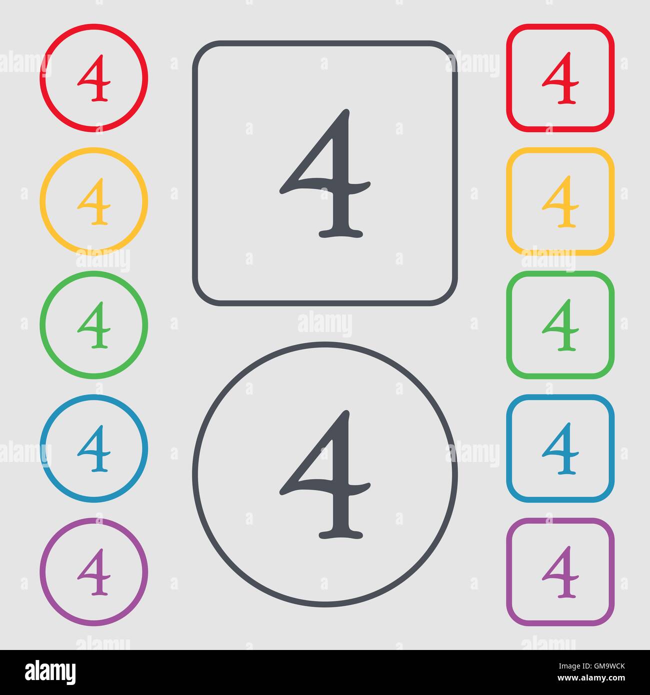 number four icon sign. Symbols on the Round and square buttons with ...
