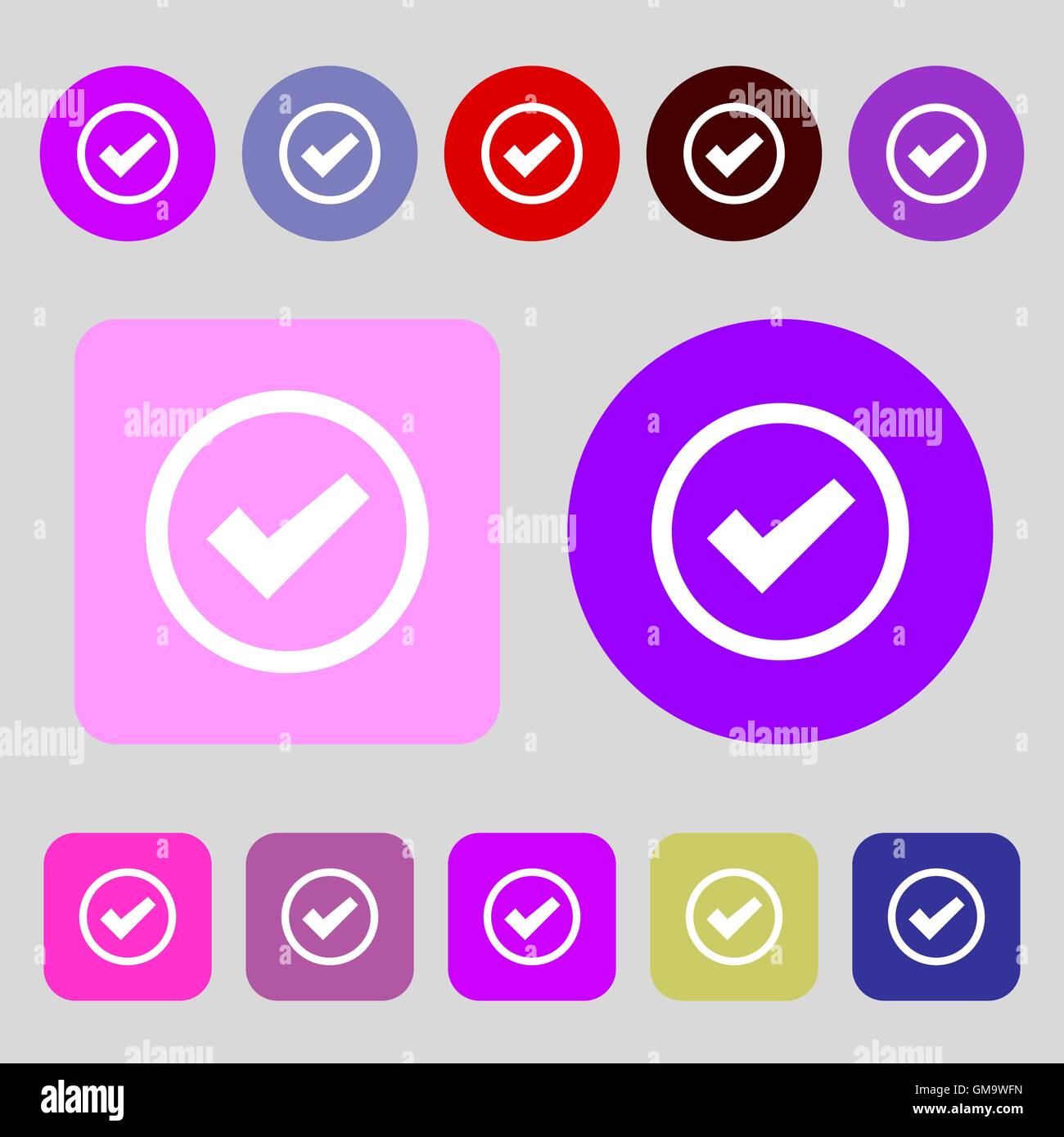 Check mark sign icon . Confirm approved symbol. 12 colored buttons ...