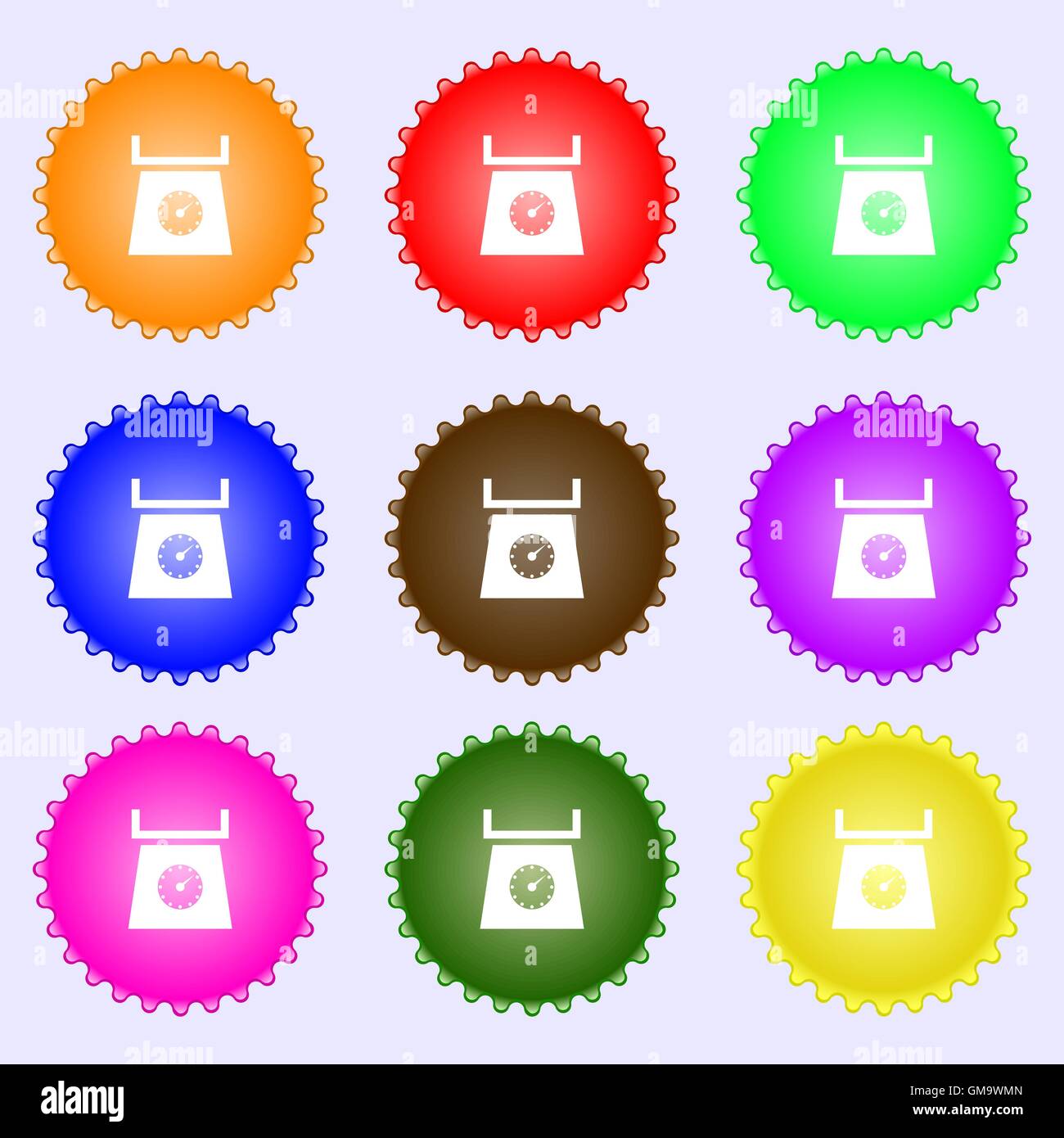 kitchen scales icon sign. A set of nine different colored labels ...