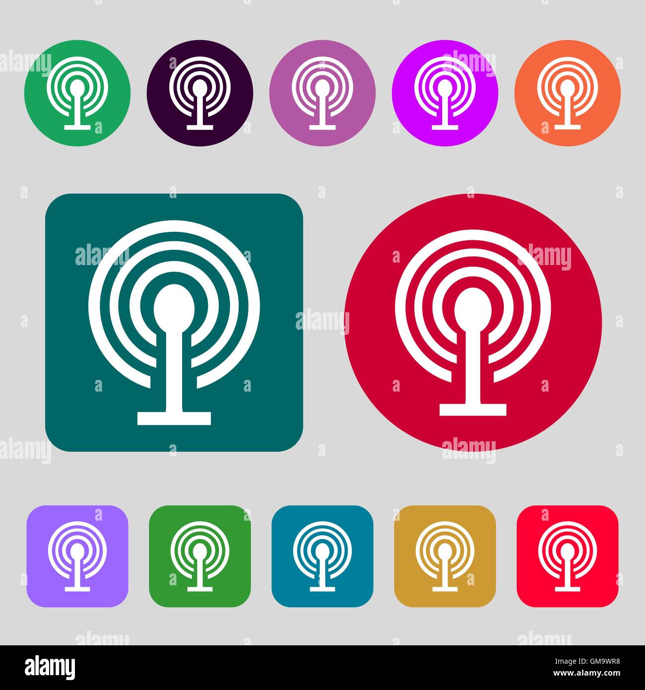 Wifi sign. Wi-fi symbol. Wireless Network icon zone. 12 colored buttons ...