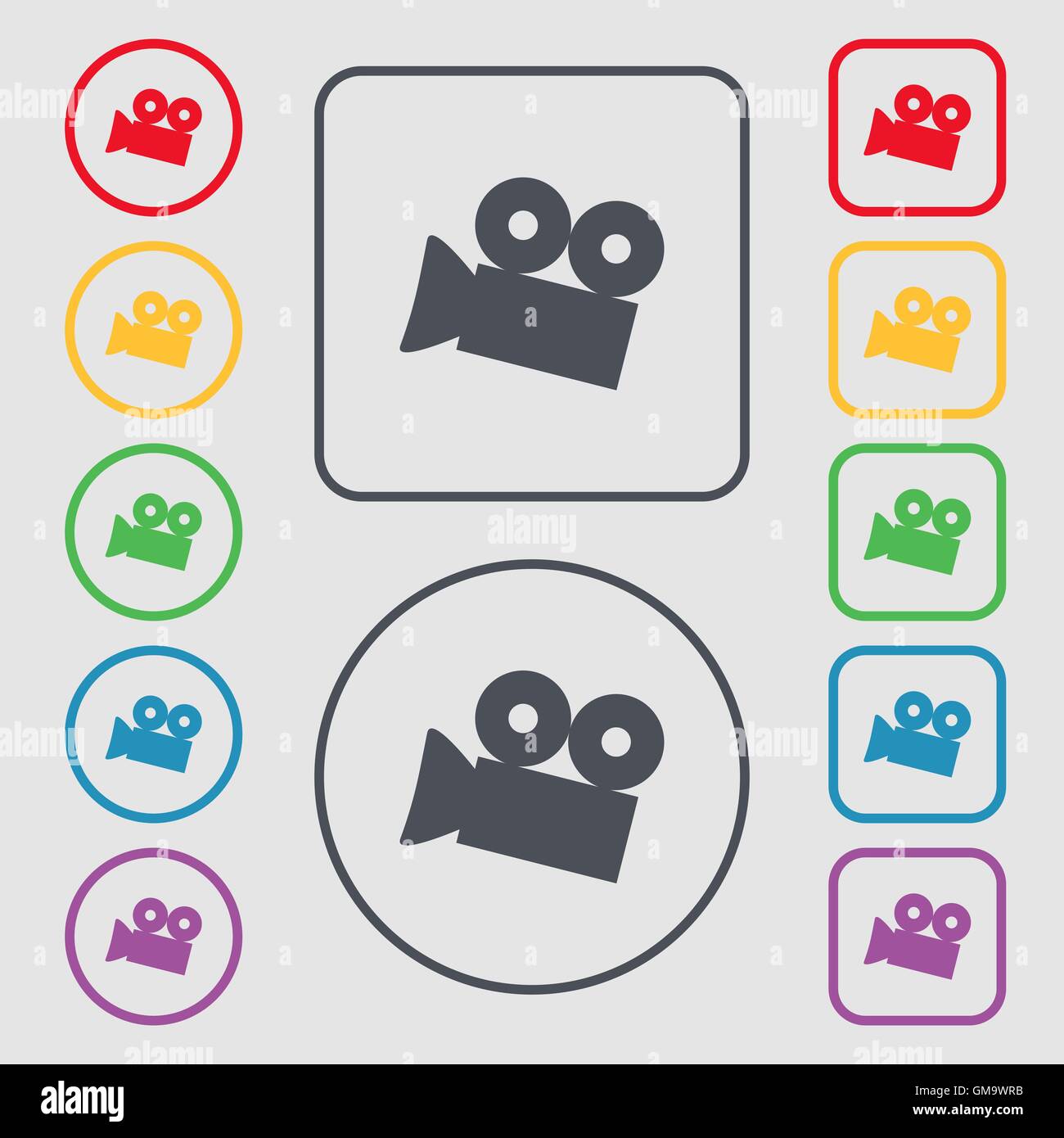 Video camera sign icon. content button. Symbols on the Round and square ...