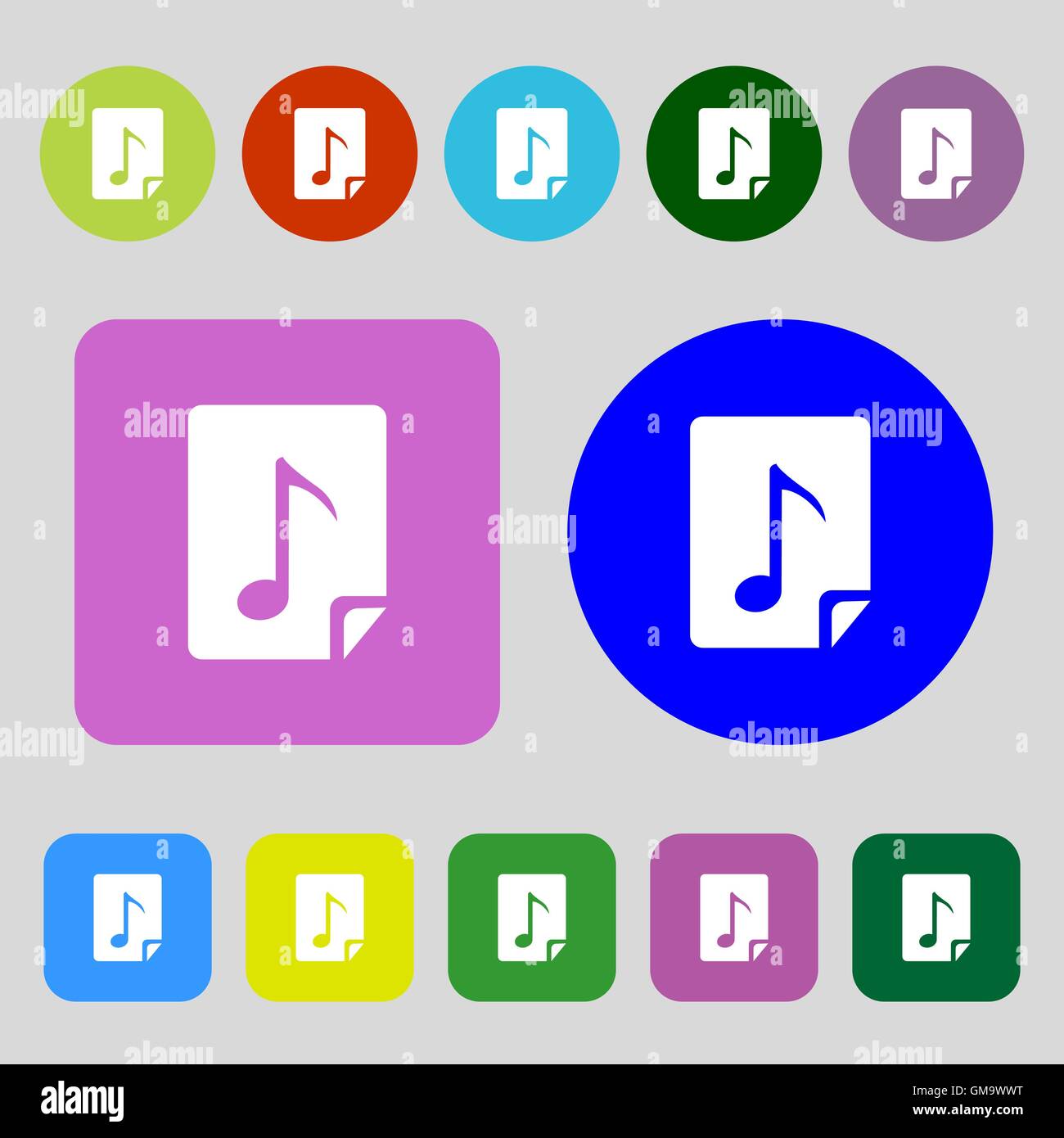 Audio, MP3 file icon sign. 12 colored buttons. Flat design. Vector ...