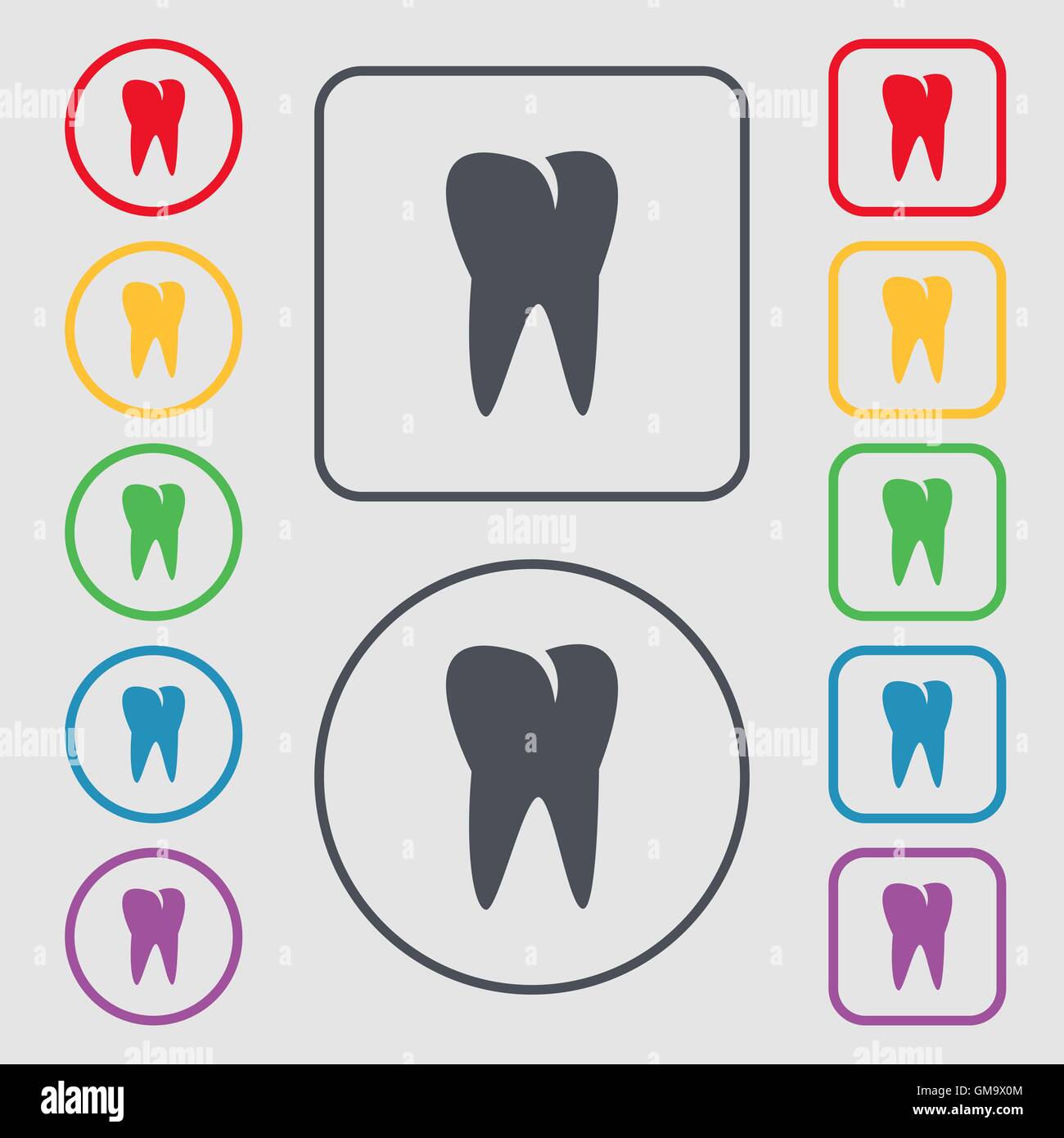 tooth icon. Symbols on the Round and square buttons with frame. Vector ...