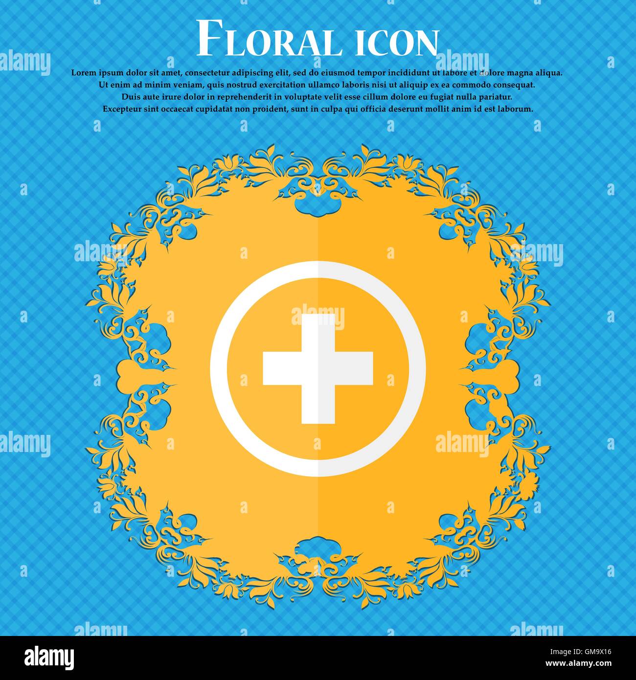 Plus, Positive, zoom icon sign. Floral flat design on a blue abstract ...